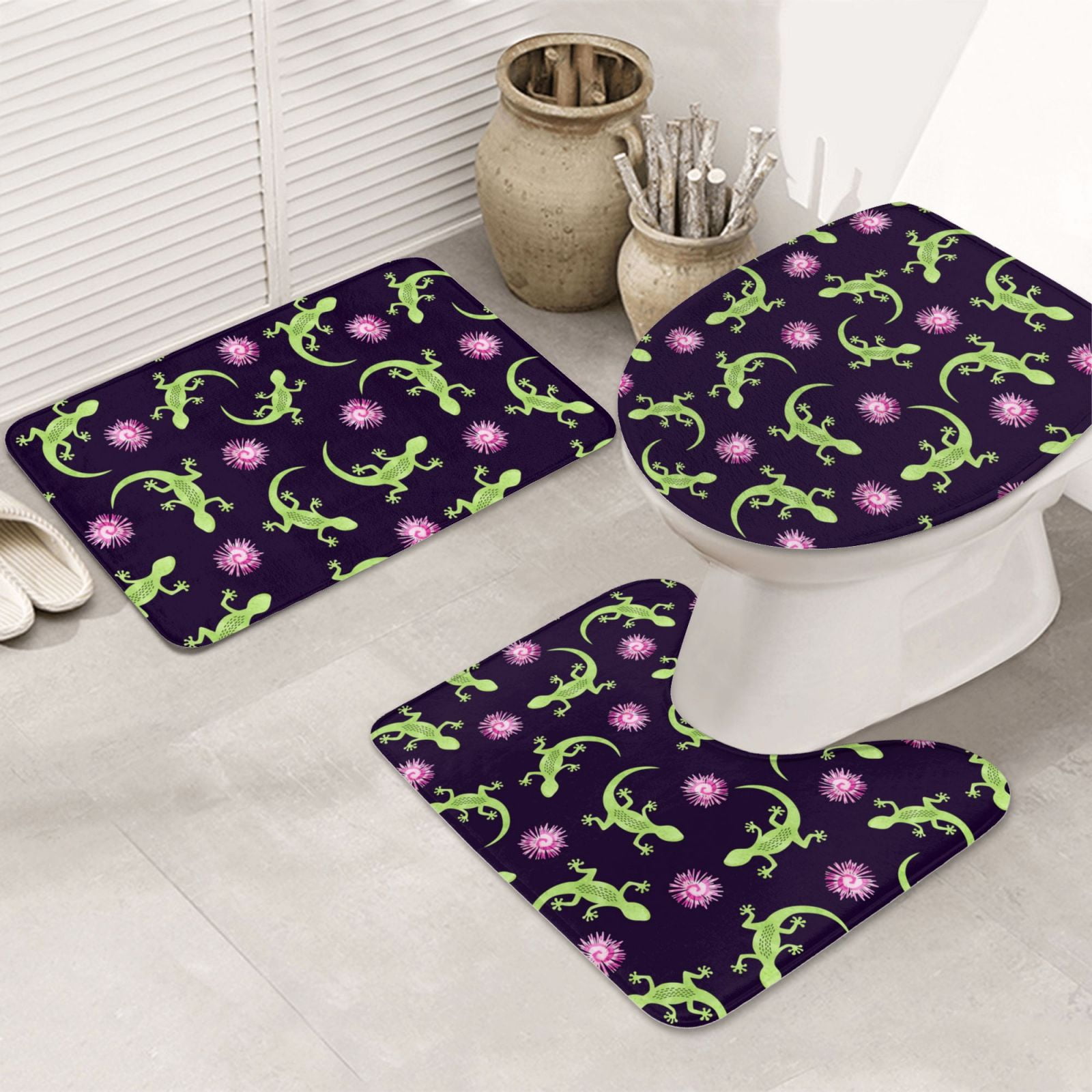 Bathroom Rugs Sets 3 Piece - Cute Lizard Gecko Floral Pink Non Slip ...