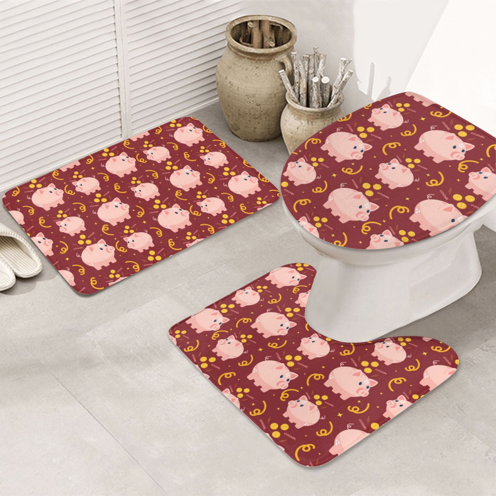 Bathroom Rugs Sets 3 Piece - Cute Pig with Coins Absorbent Non Slip ...