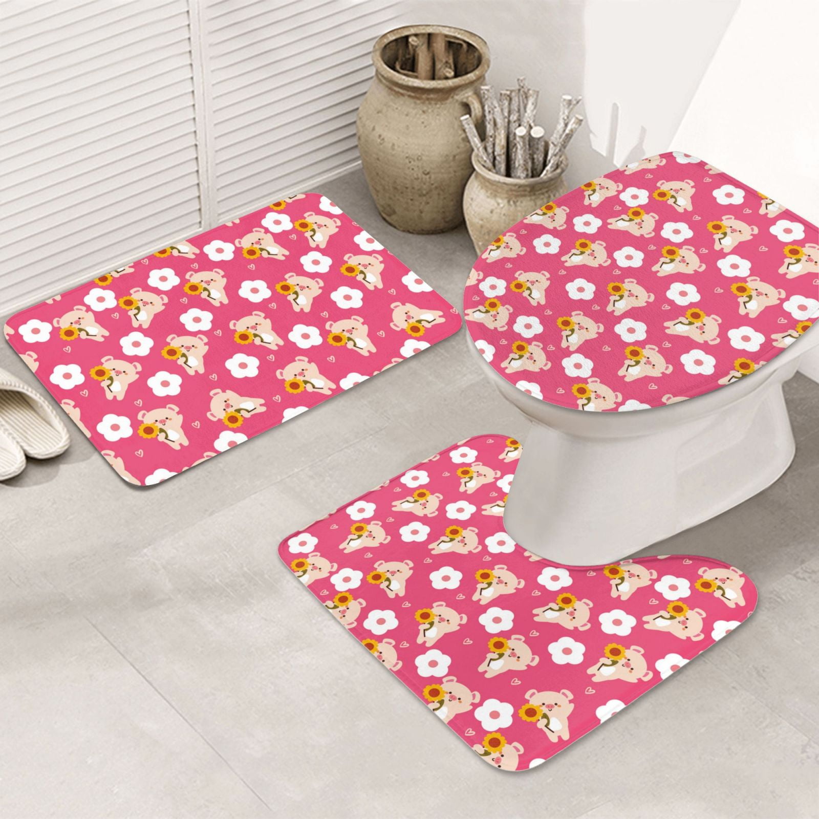 Bathroom Rugs Sets 3 Piece Cute Pig Sunflower Flowers Soft Non Slip ...