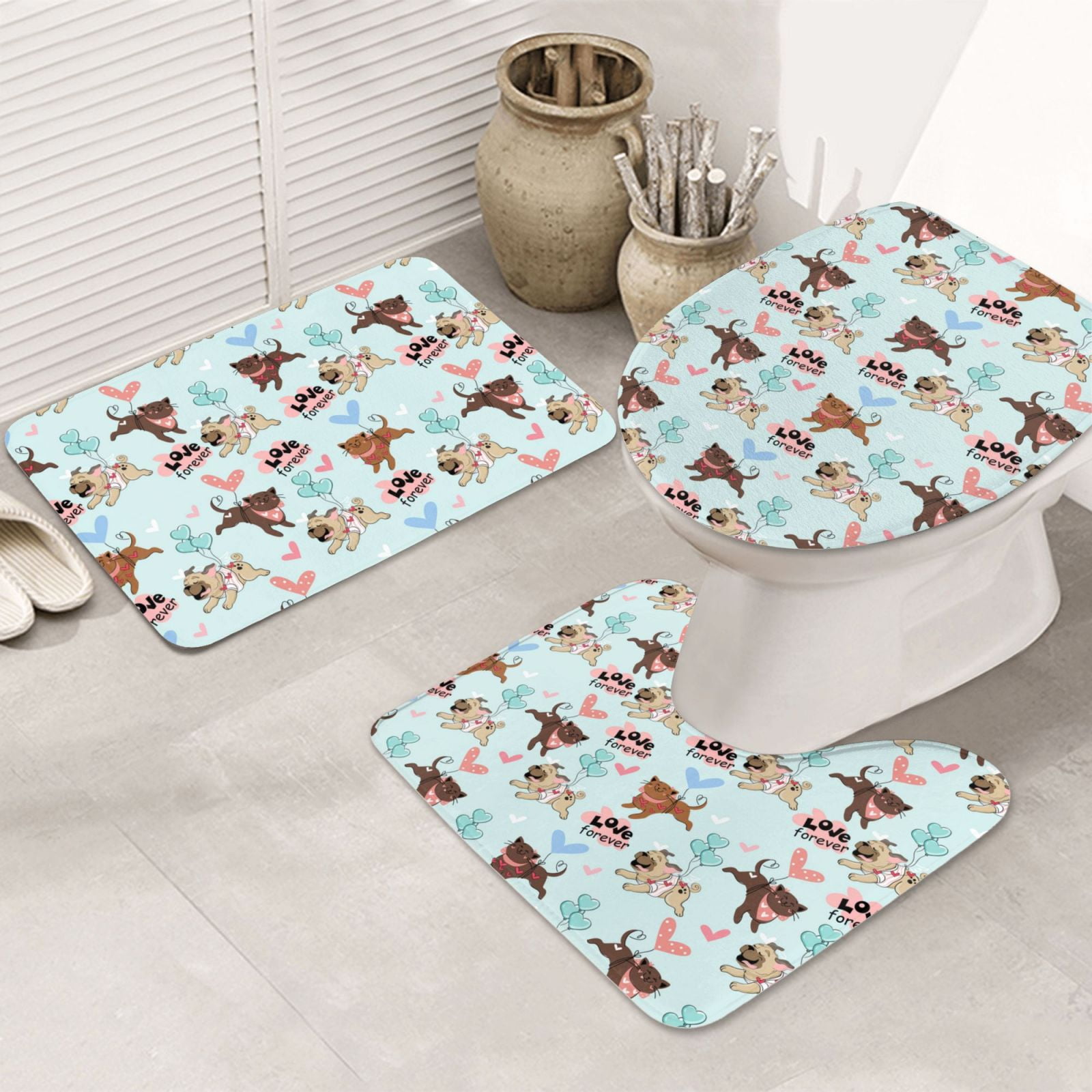 Bathroom Rugs Sets 3 Piece - Cute Pug Dogs Absorbent Non Slip Bath Mats ...