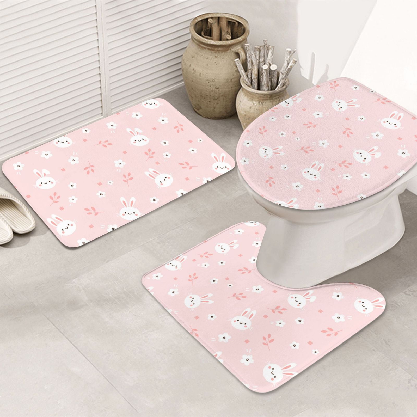 Bathroom Rugs Sets 3 Piece - Cute Rabbit Flower Pink Absorbent Non Slip ...