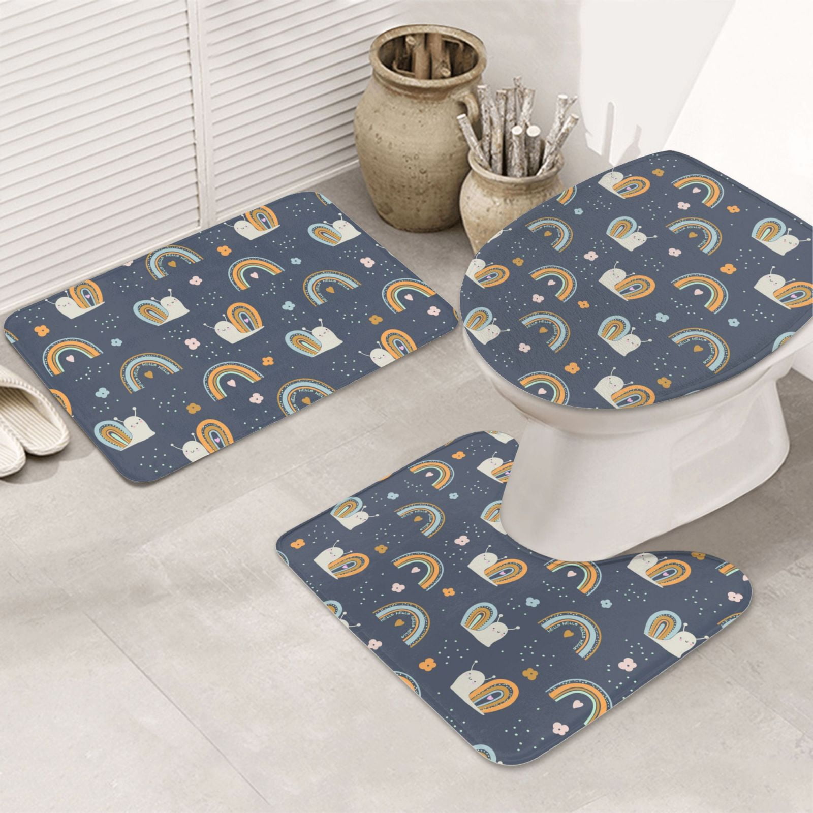 Bathroom Rugs Sets 3 Piece - Cute Rainbow Flowers Snail Absorbent Non ...