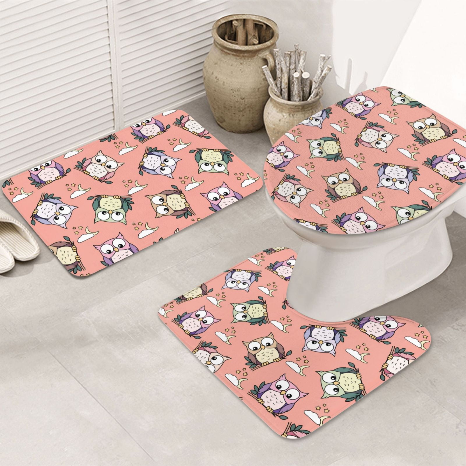 Bathroom Rugs Sets 3 Piece - Cute Star Moon Owl Absorbent Non Slip Bath ...