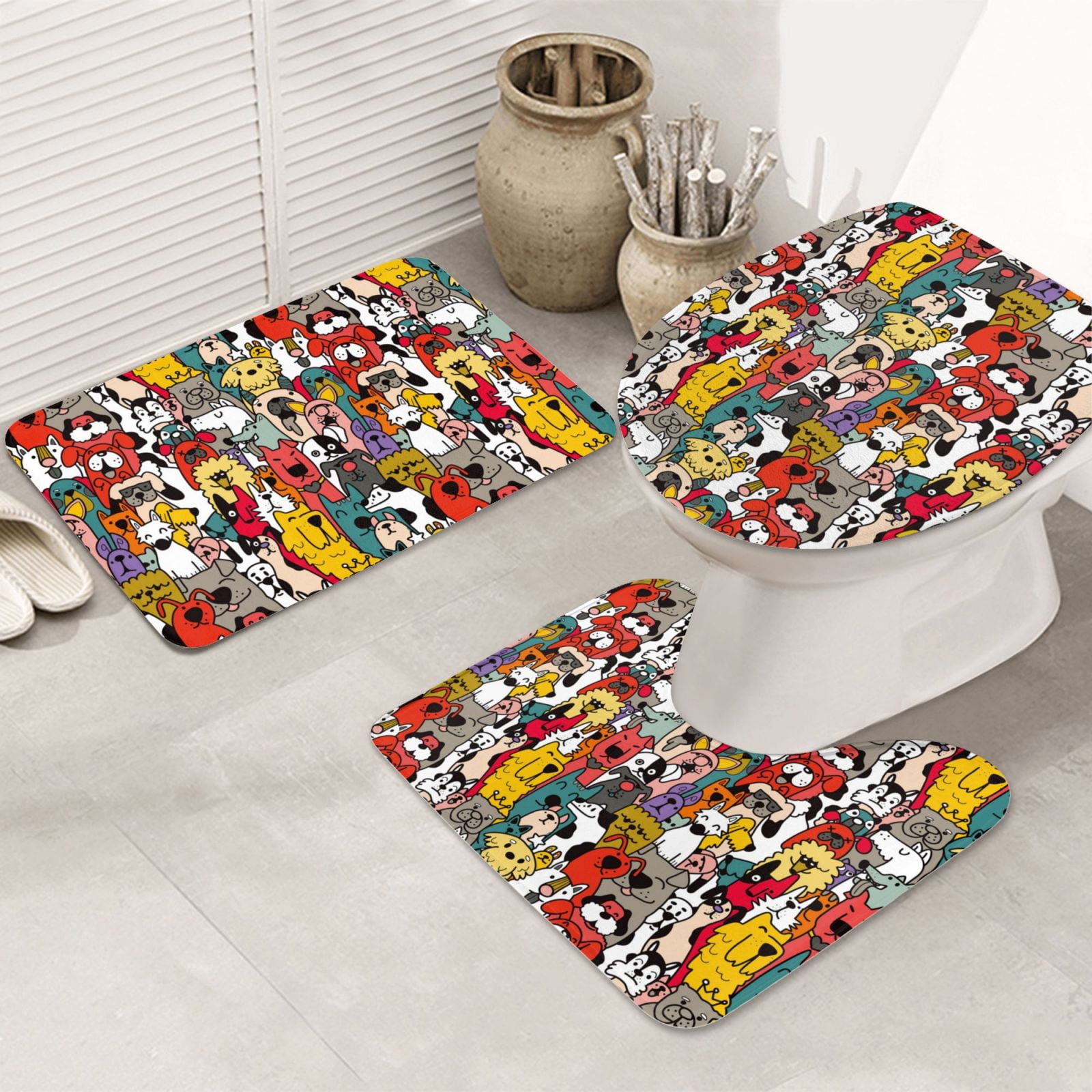 Bathroom Rugs Sets 3 Piece Cute colorful Dog Soft Non Slip Bathroom Mat ...