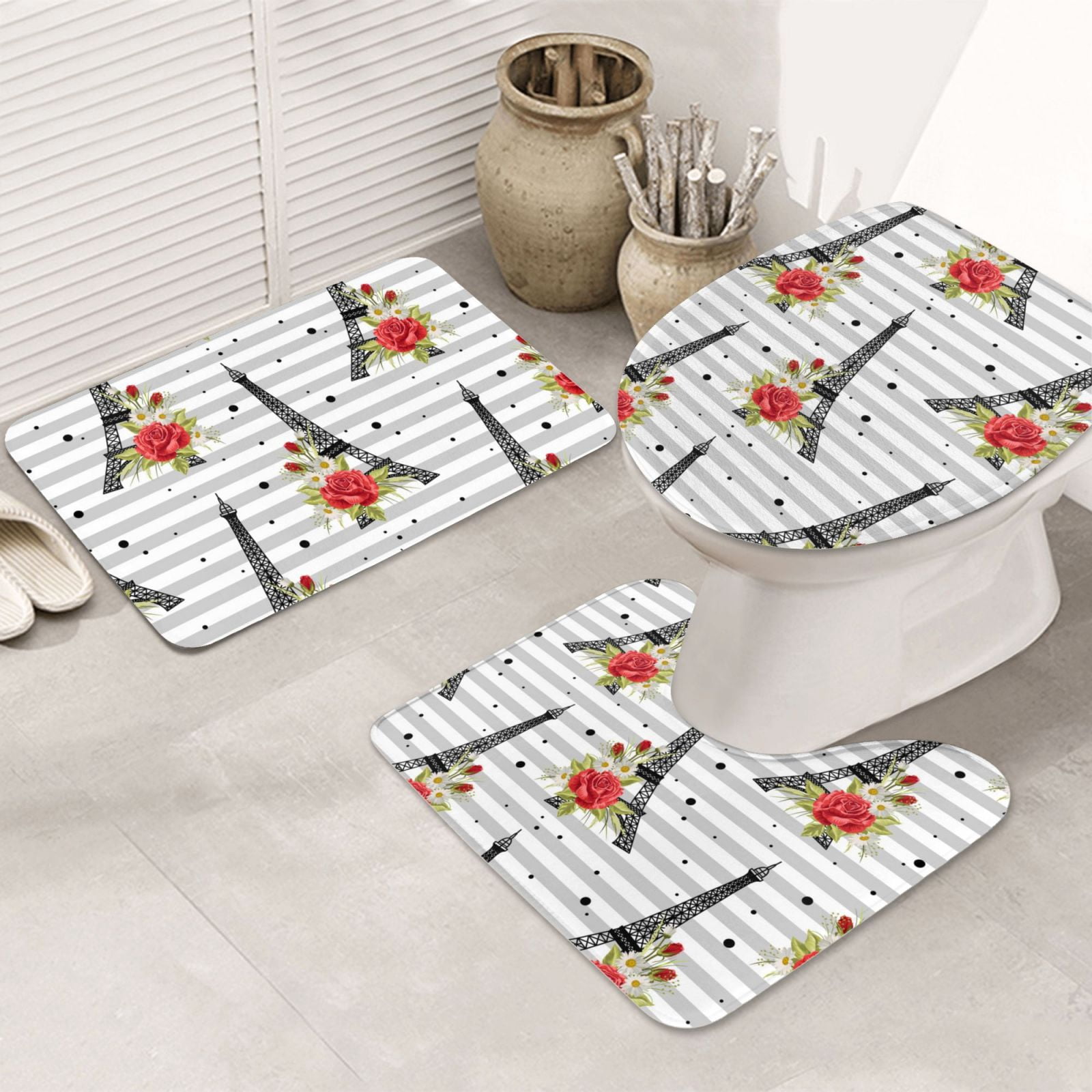 Bathroom Rugs Sets 3 Piece - Eiffel Towers rose Absorbent Non Slip Bath ...