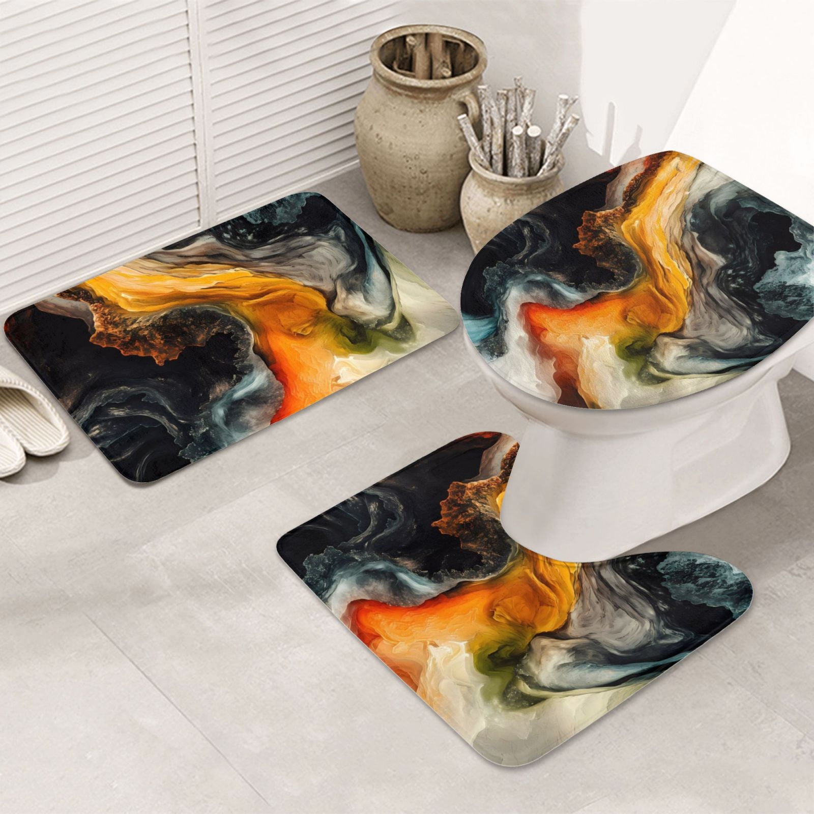 Bathroom Rugs Sets 3 Piece - Fiery Marble Flow Non Slip Washable Bath Mats, U-Shape Toilet Lid ...