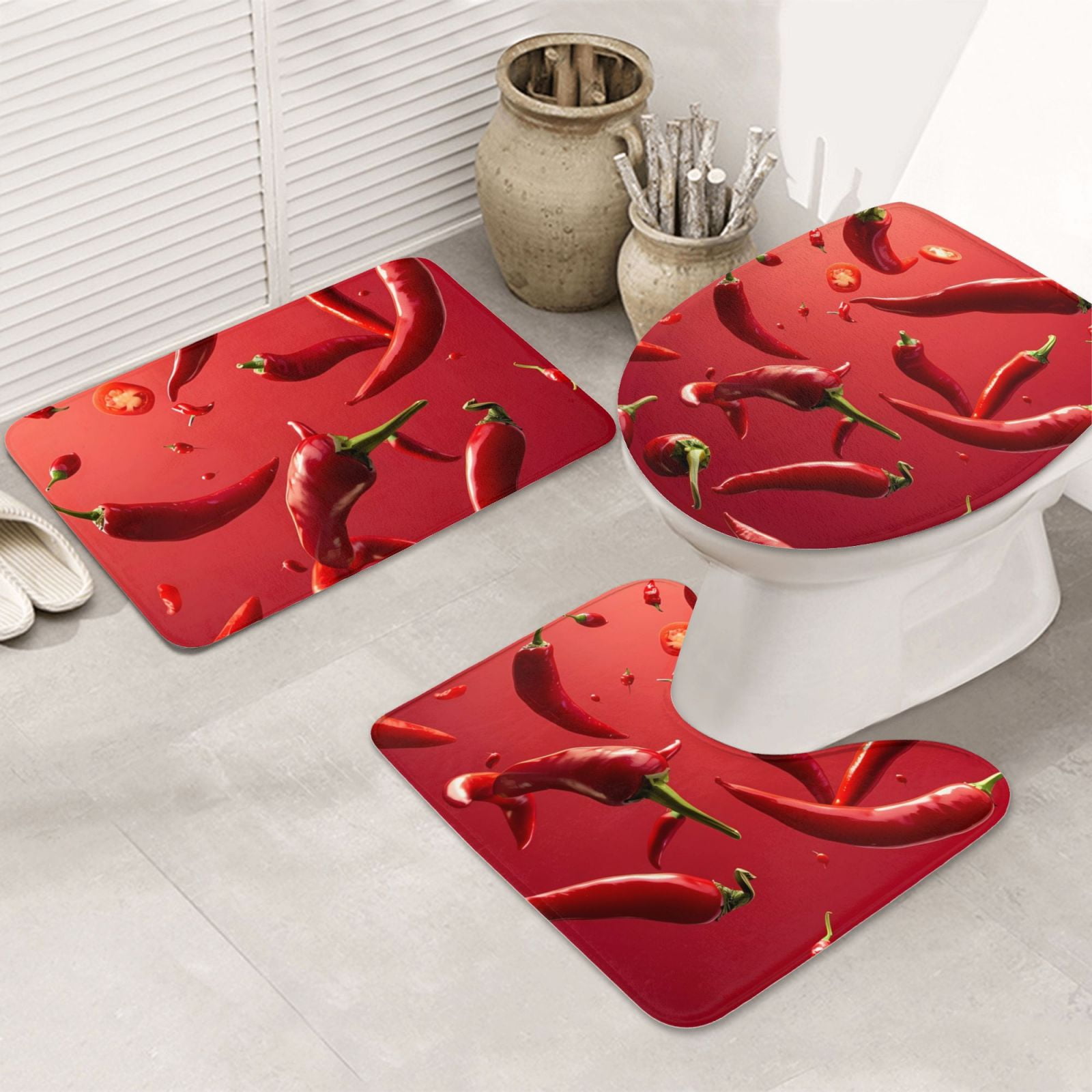 Bathroom Rugs Sets 3 Piece - Floating Red Chili Peppers Non Slip ...