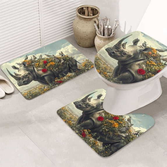 Bathroom Rugs Sets 3 Piece - Floral Rhino With Birds Absorbent Non Slip ...
