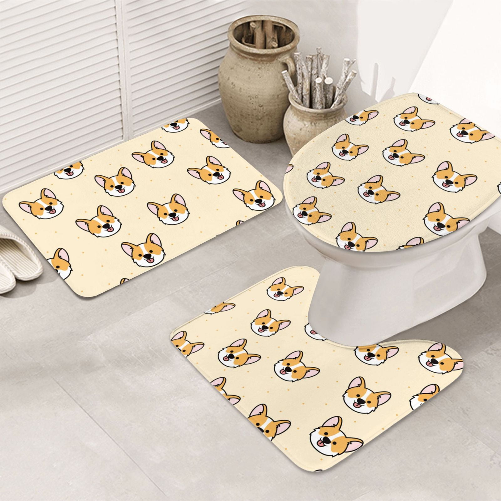 Bathroom Rugs Sets 3 Piece, Funny Cute Corgi Dog Face Bath Mats for ...
