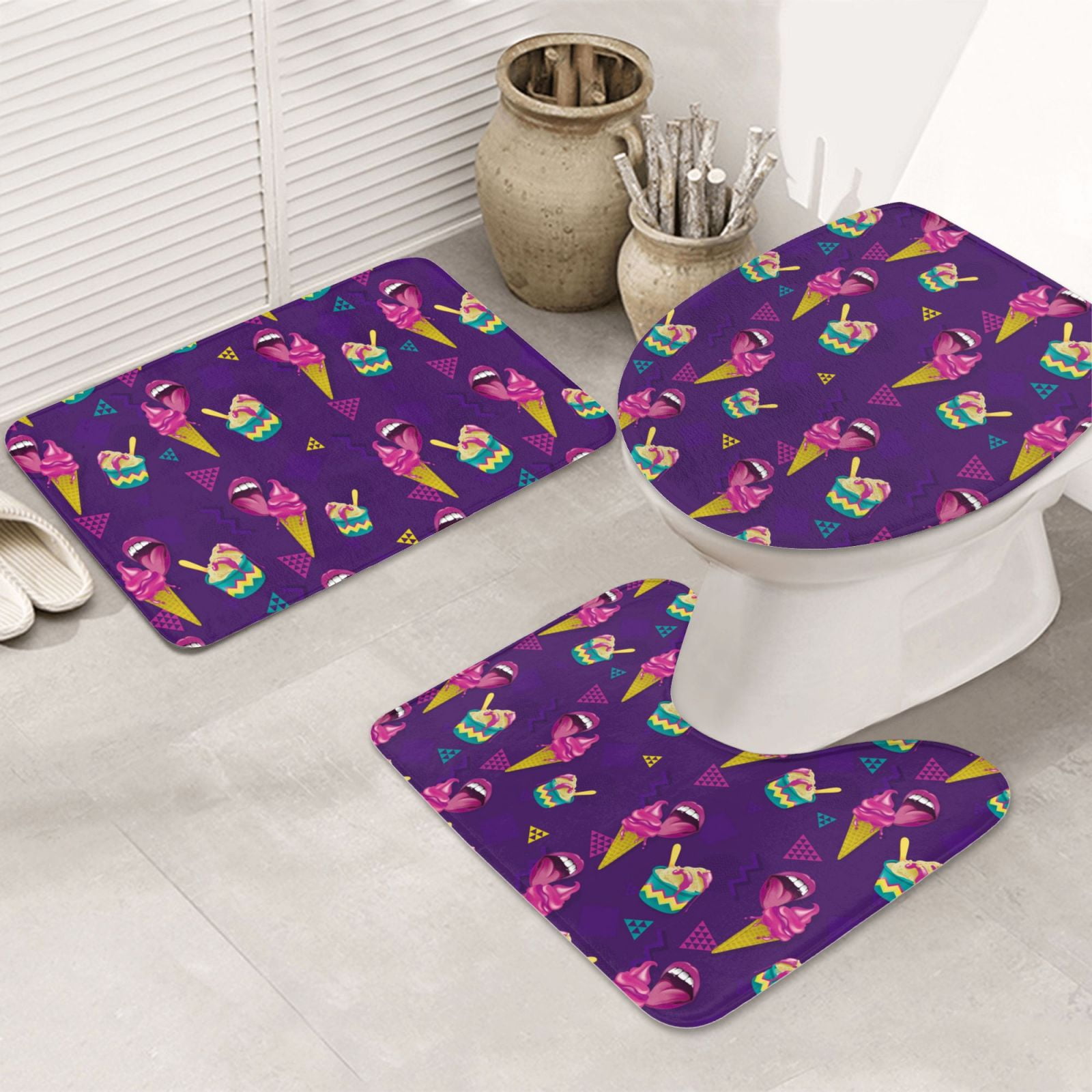 Bathroom Rugs Sets 3 Piece - Funny Ice Cream Print Purple Absorbent Non ...