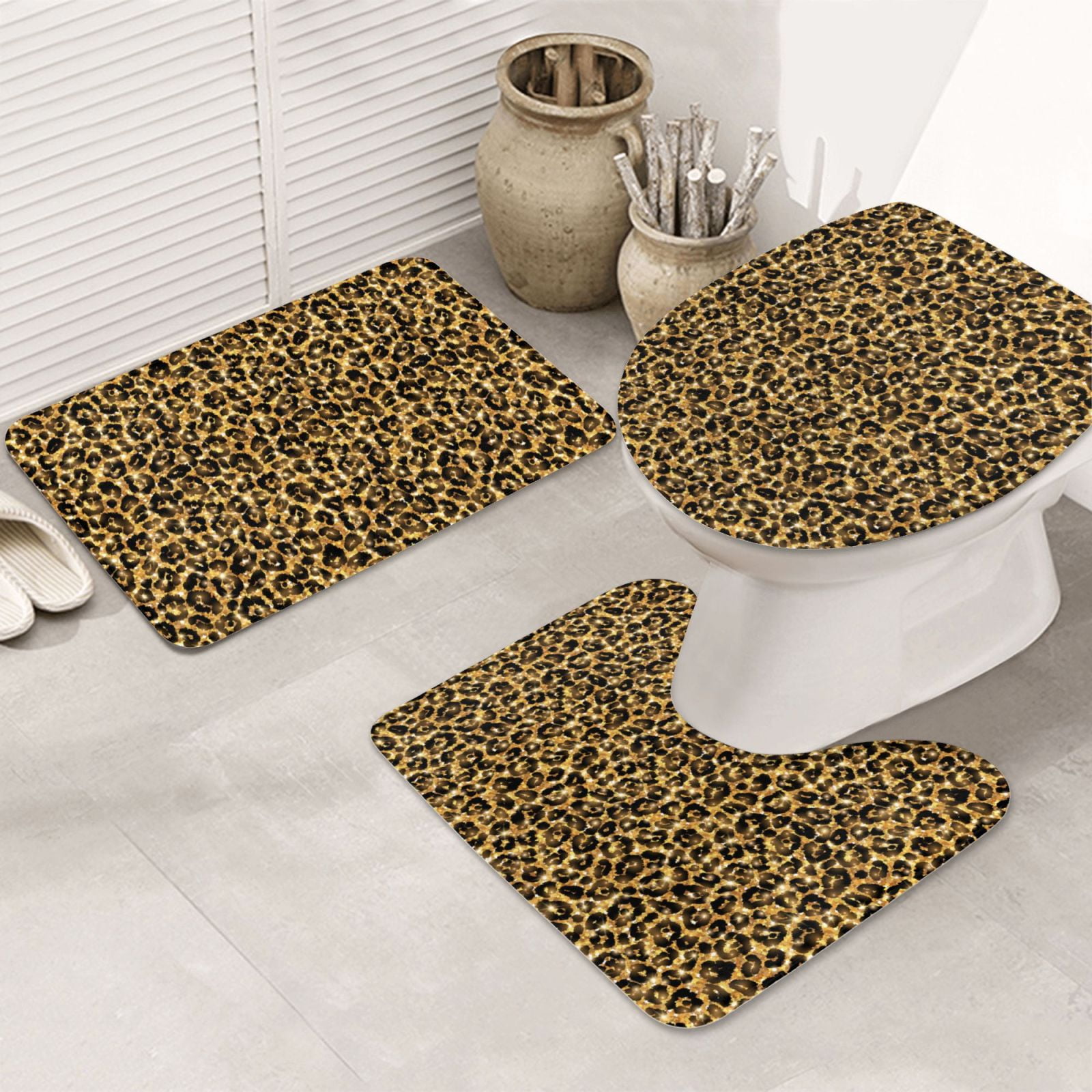Bathroom Rugs Sets 3 Piece - Gold Glitter Leopard Absorbent Non Slip ...