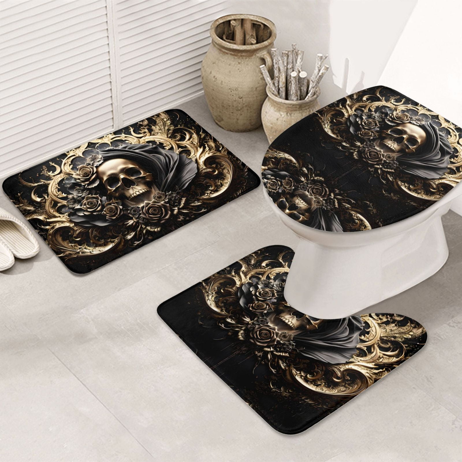 Bathroom Rugs Sets 3 Piece Gold Rose Skull Soft Non Slip Bathroom Mat ...