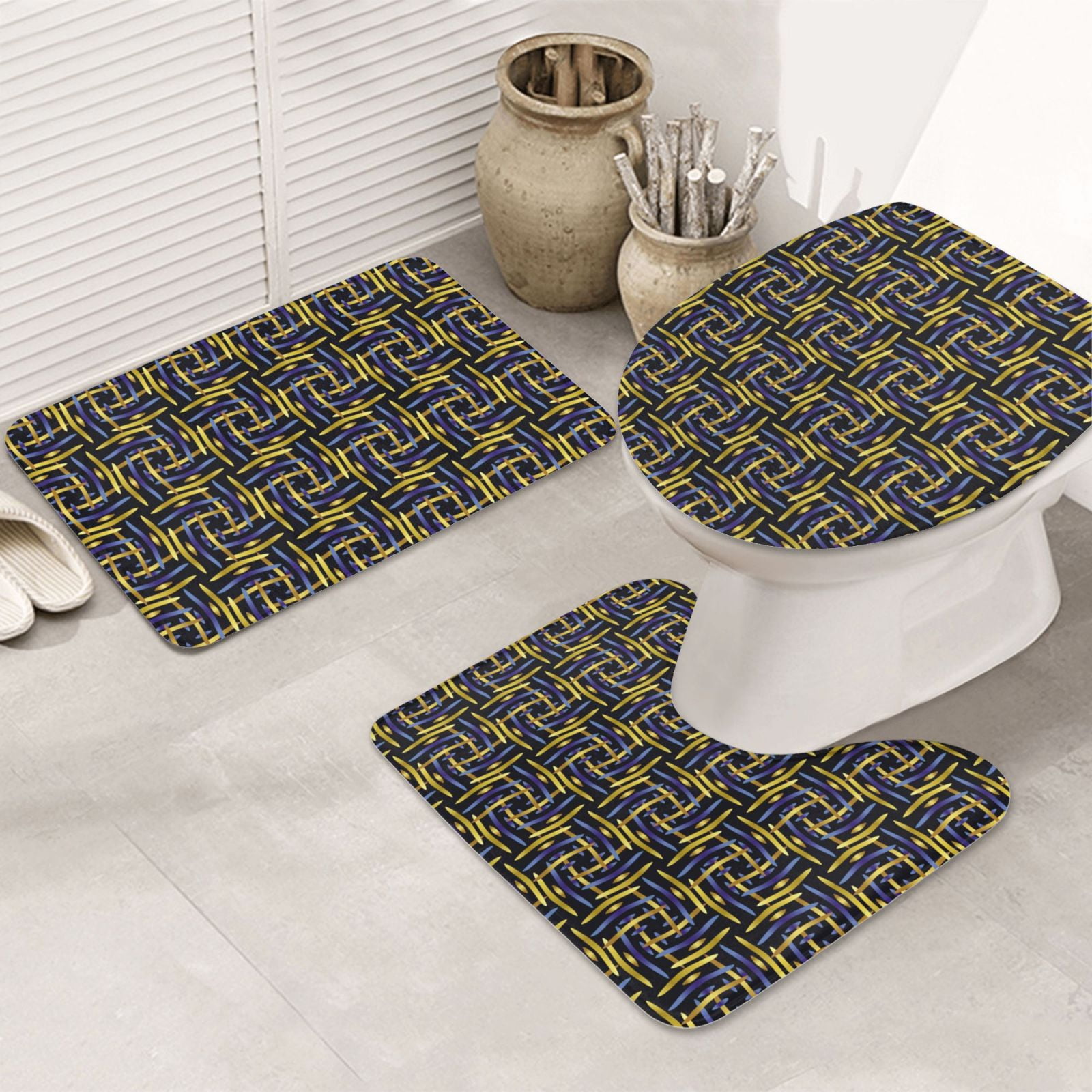 Bathroom Rugs Sets 3 Piece - Gold dark blue trellis Absorbent Non Slip ...