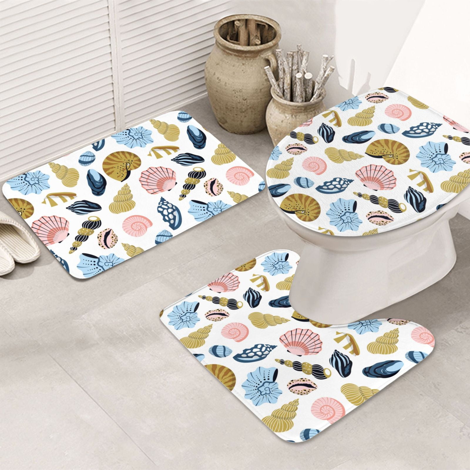 Bathroom Rugs Sets 3 Piece Golden Pink Blue Shell Conch Soft Non Slip ...