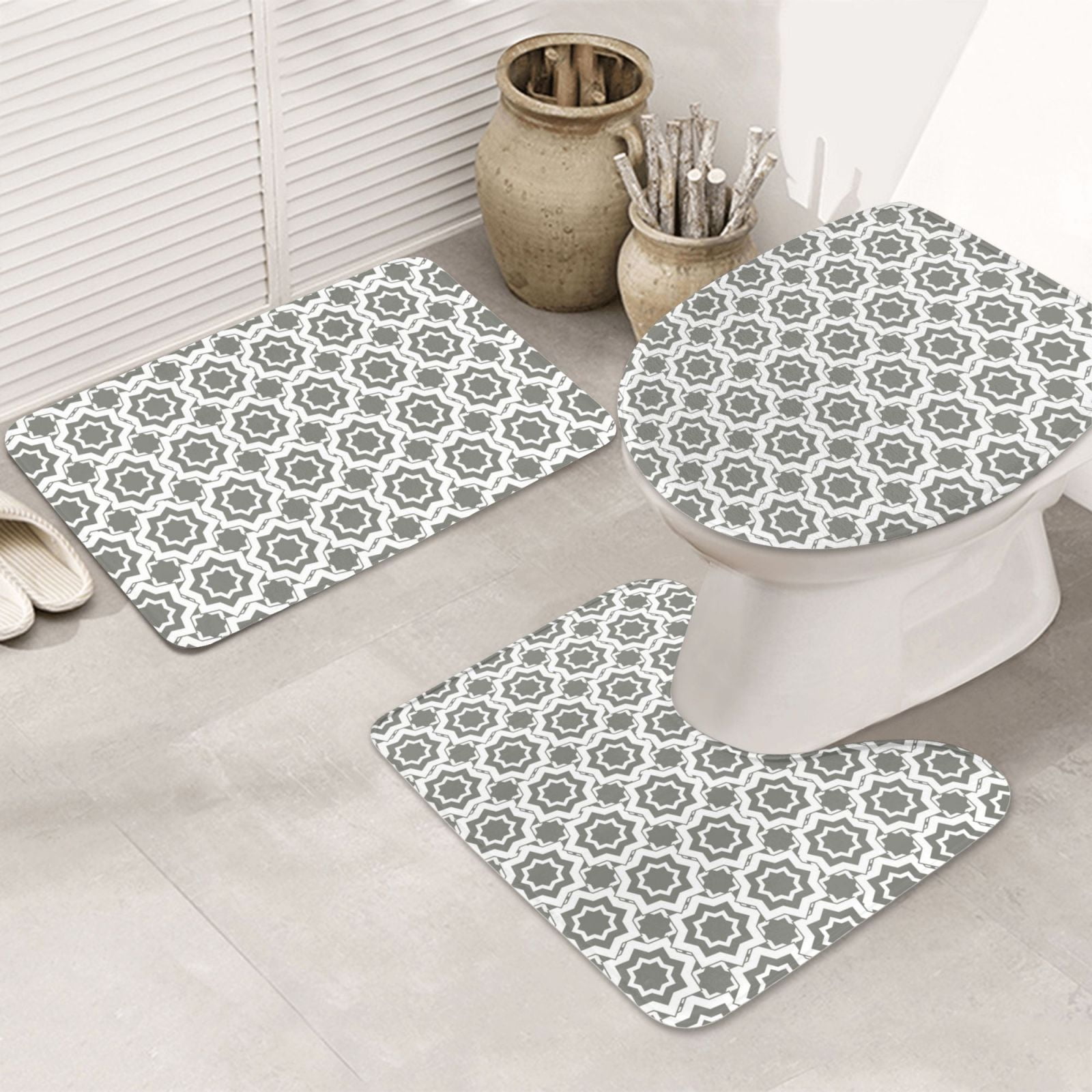 Bathroom Rugs Sets 3 Piece - Gray Geometric Star Array Absorbent Non ...