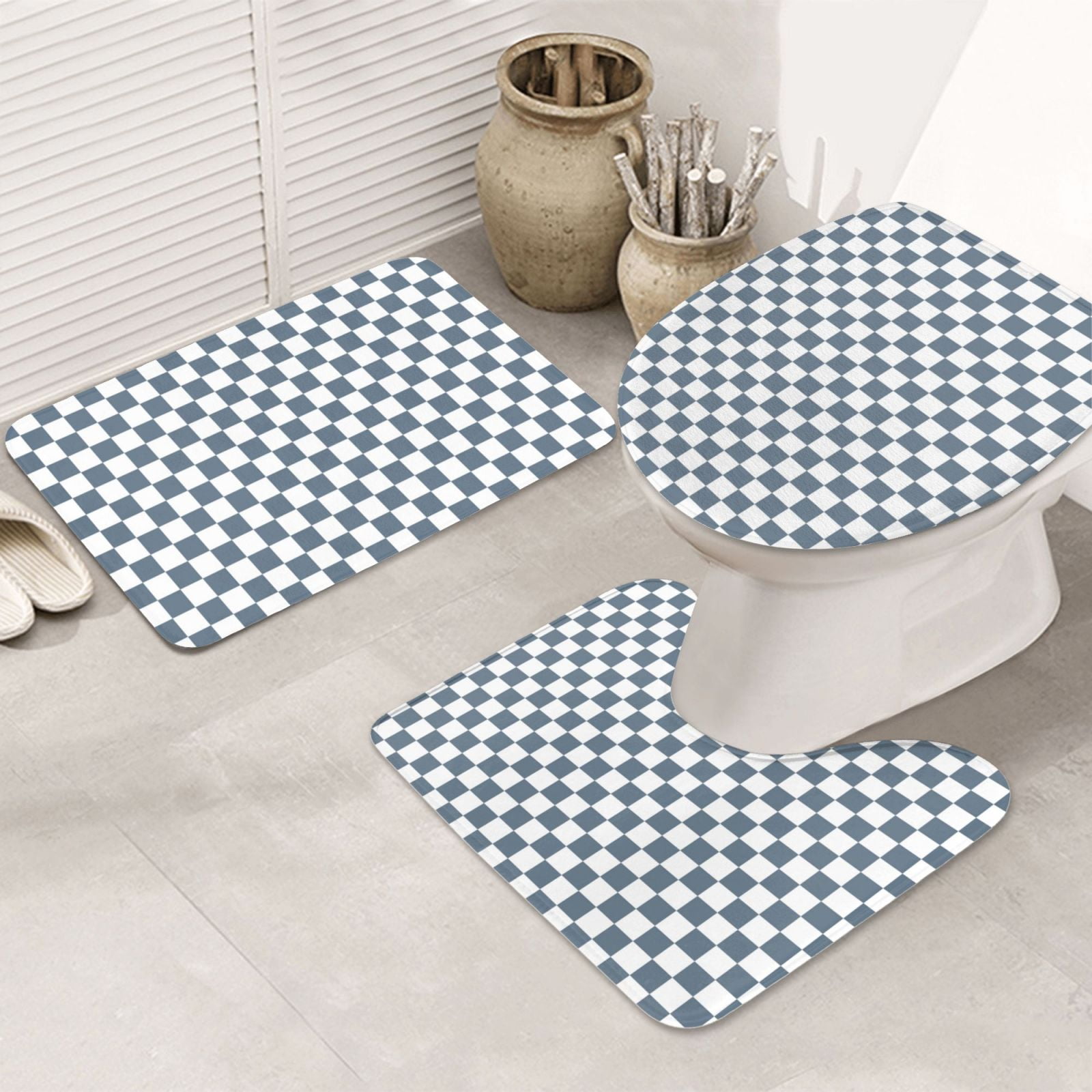 Bathroom Rugs Sets 3 Piece - Gray White Square Plaid Absorbent Non Slip ...