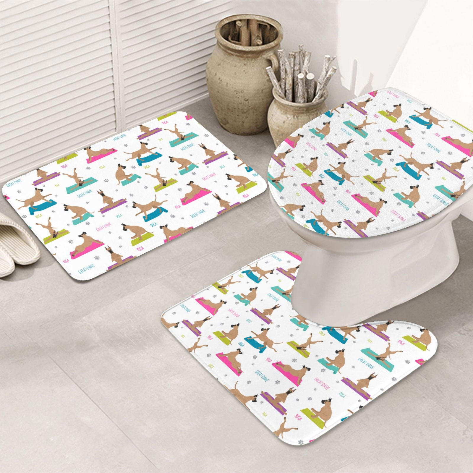 Bathroom Rugs Sets 3 Piece - Great dane Yoga dogs funny Absorbent Non ...