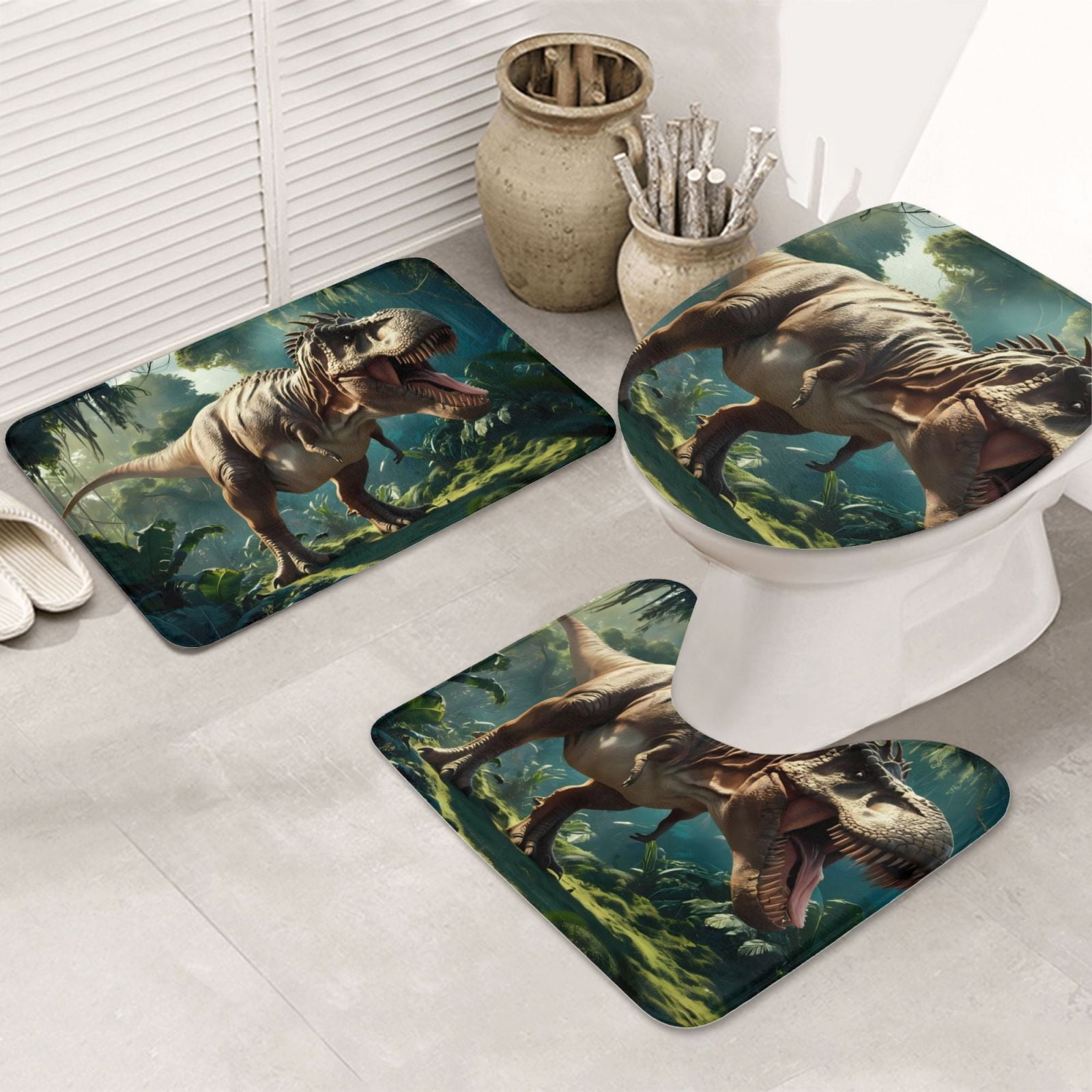 Bathroom Rugs Sets 3 Piece - Green Forest Dinosaur Absorbent Non Slip ...