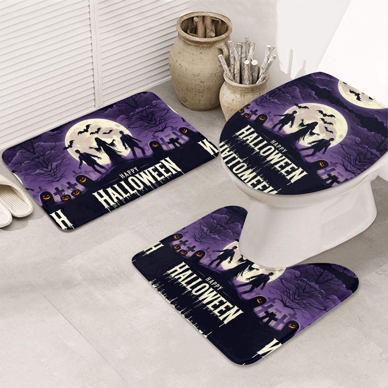 Bathroom Rugs Sets 3 Piece Halloween Happy Ghost Soft Non Slip Bathroom ...
