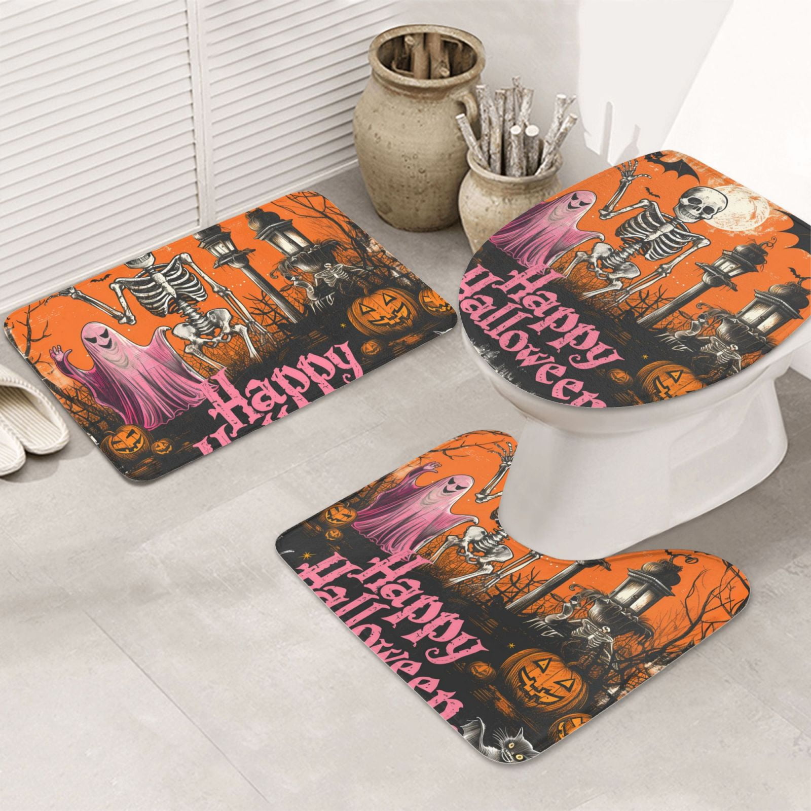 Bathroom Rugs Sets 3 Piece - Halloween Happy Skull Pink Ghost Absorbent ...