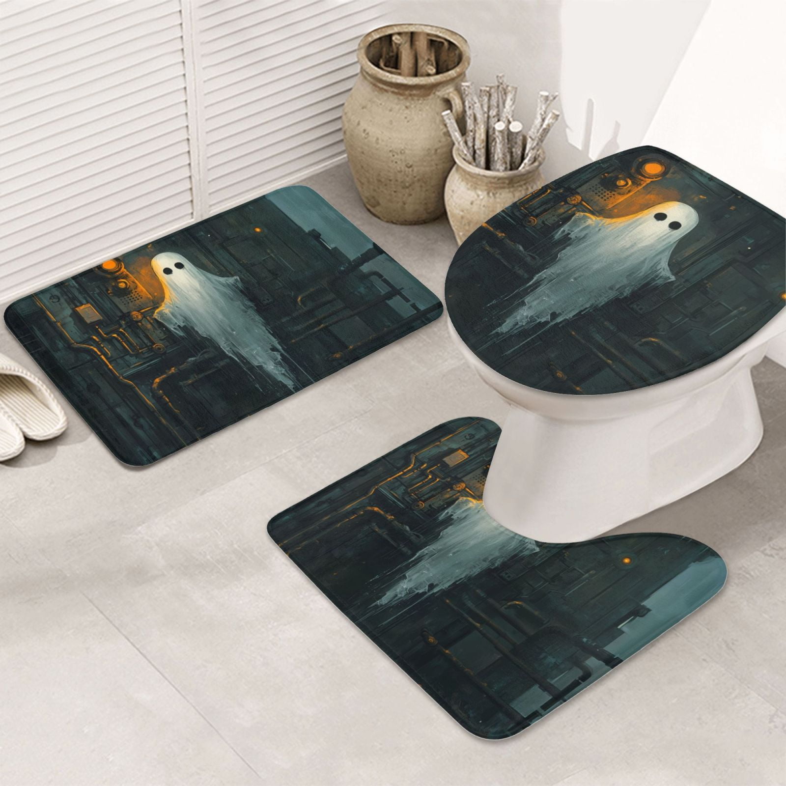 Bathroom Rugs Sets 3 Piece - Halloween Industrial Style Ghost Non Slip ...