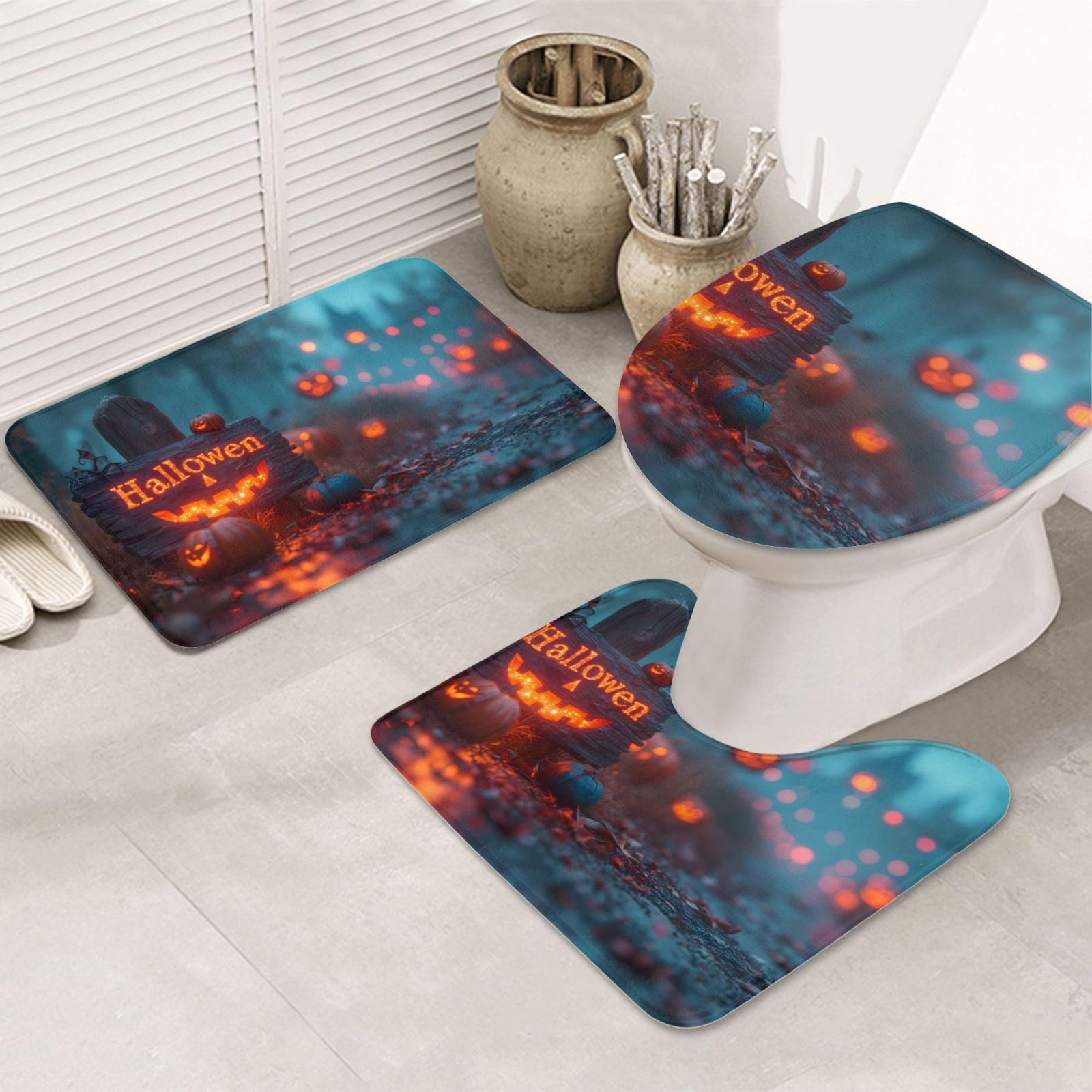 Bathroom Rugs Sets 3 Piece - Halloween Pumpkin House Path Non Slip ...