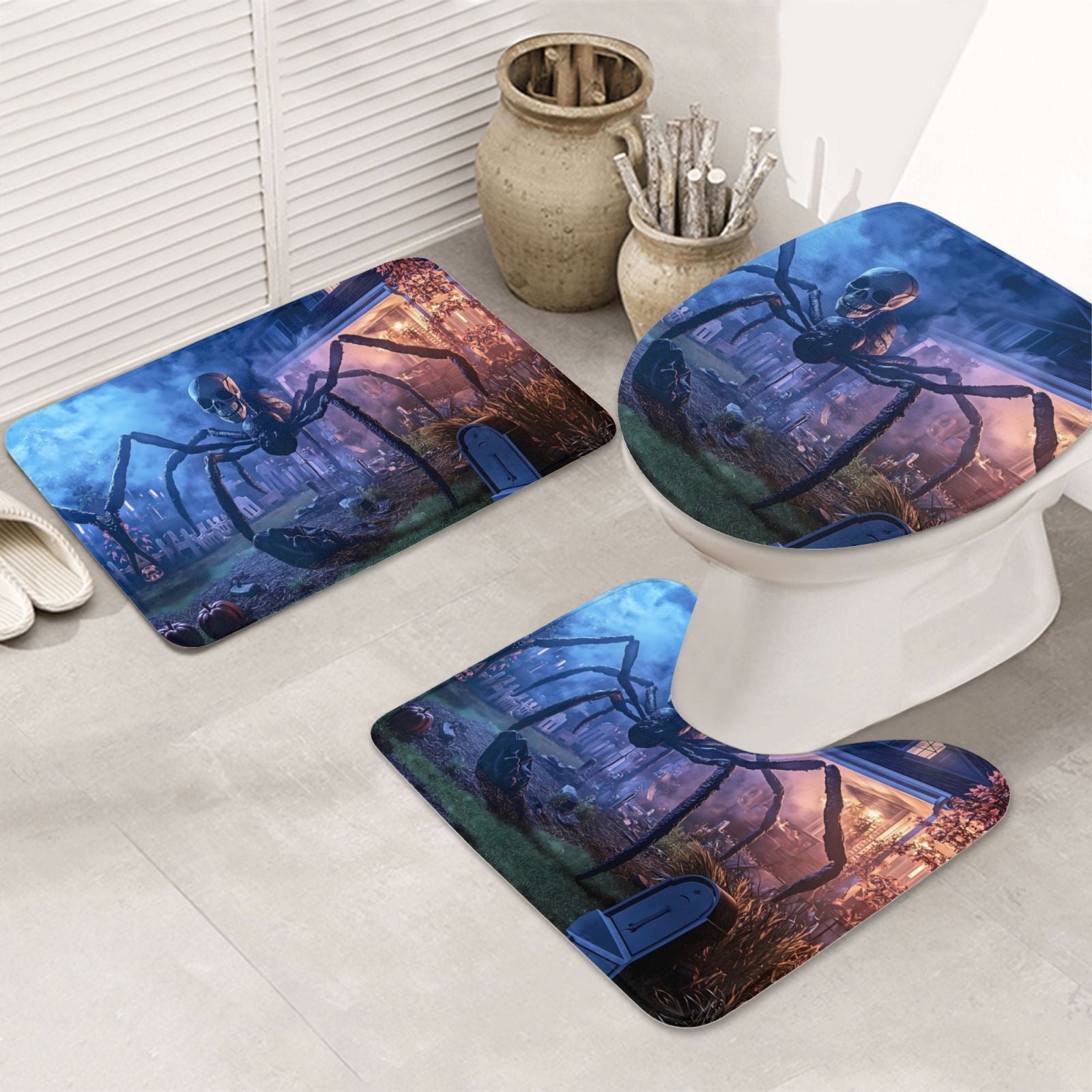 Bathroom Rugs Sets 3 Piece Halloween Skeleton Spider Tombstone Soft Non Slip Bathroom Mat ...