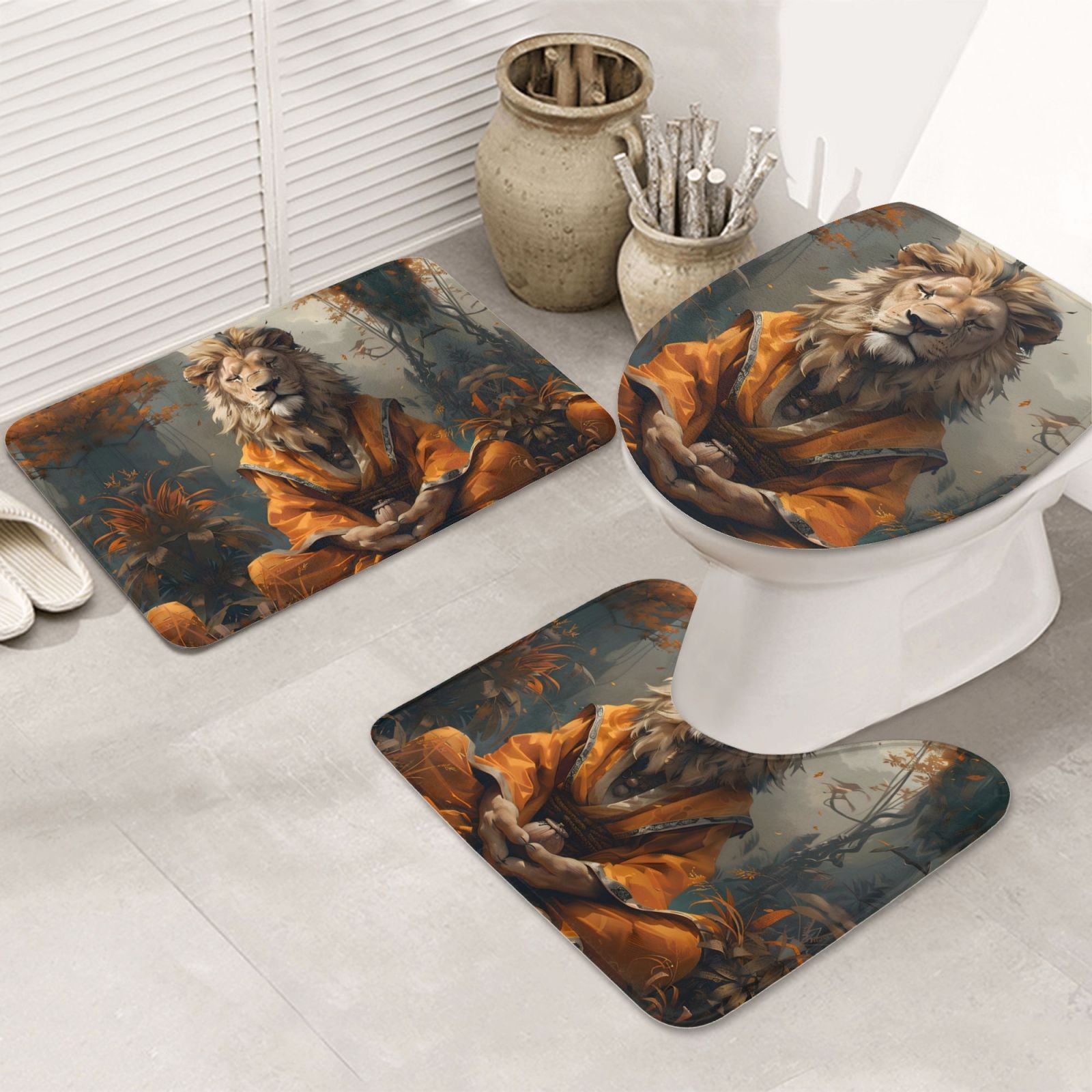 Bathroom Rugs Sets 3 Piece - Jungle Meditating Lion Absorbent Non Slip ...