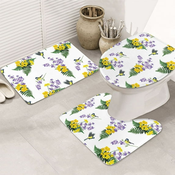 Bathroom Rugs Sets 3 Piece - Lavender Flowers Bird Absorbent Non Slip ...