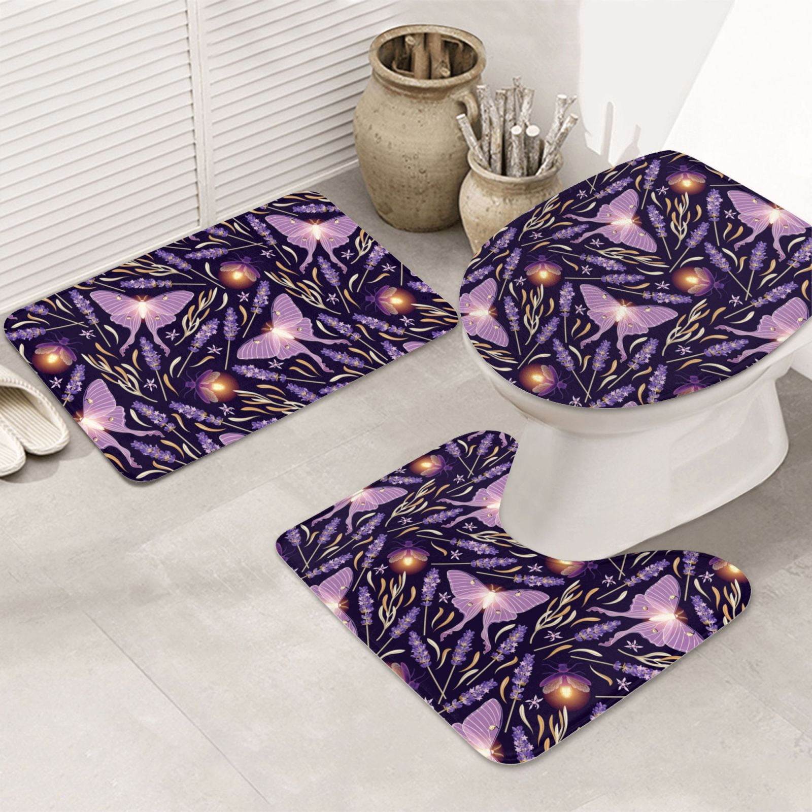 Bathroom Rugs Sets 3 Piece - Lavender Flowers Glowing Butterfly Non ...