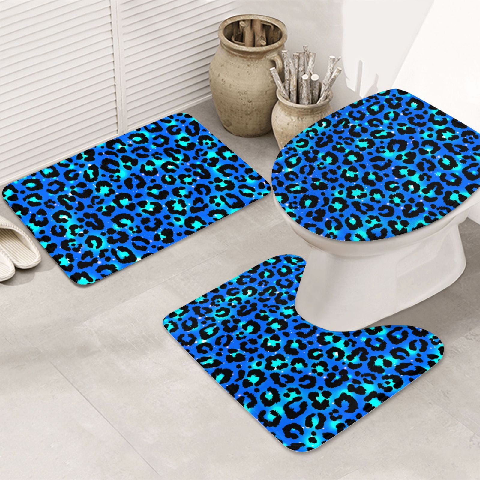 Bathroom Rugs Sets 3 Piece - Light Blue Leopard Print Non Slip Washable ...