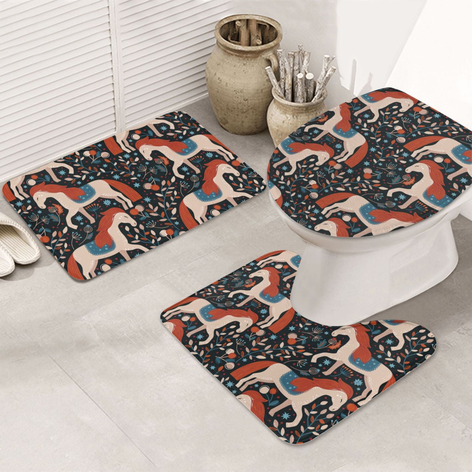 Bathroom Rugs Sets 3 Piece Nordic Art Cartoon Cute Horse Soft Non Slip ...