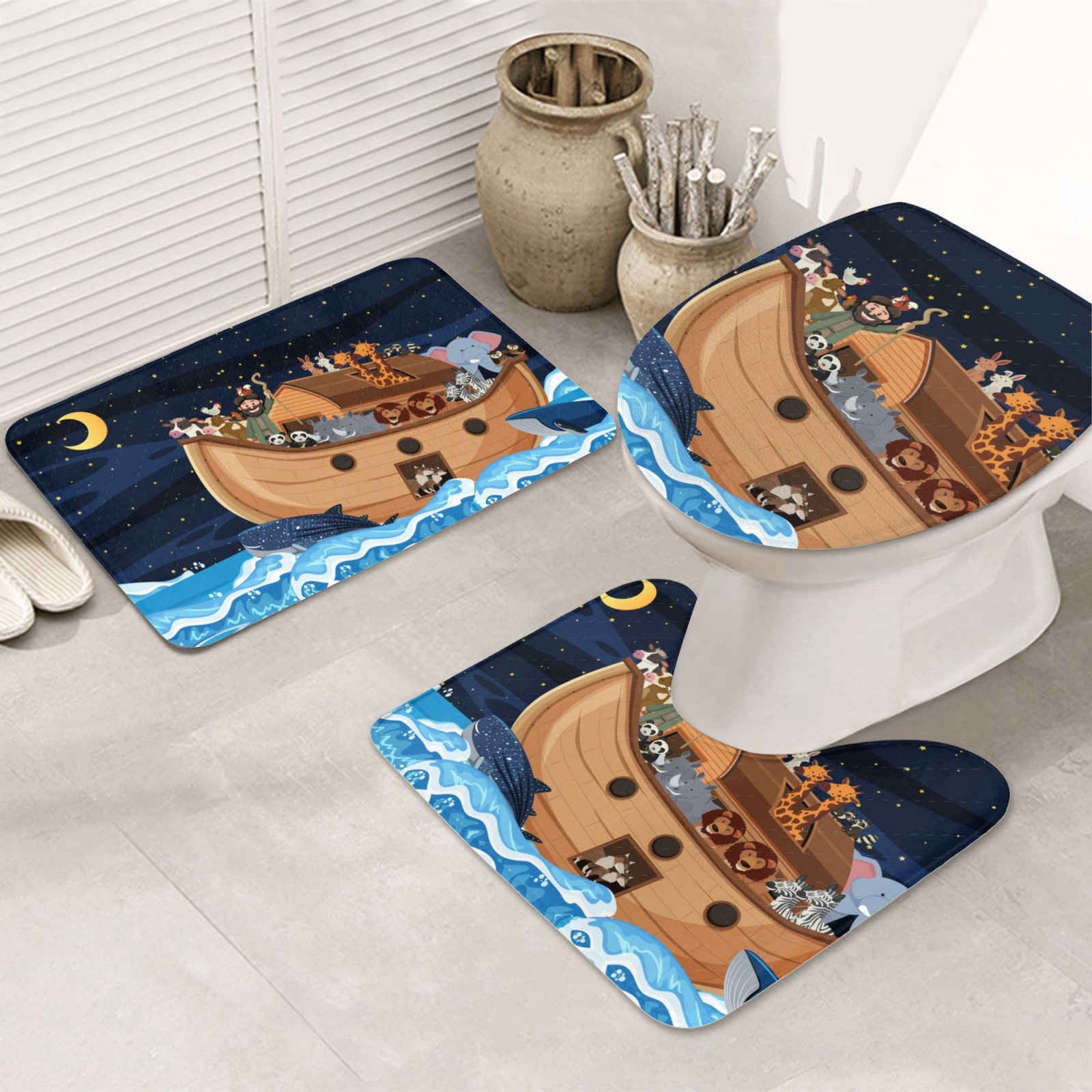 Bathroom Rugs Sets 3 Piece - Ocean Scene with Noah's Ark Absorbent Non ...