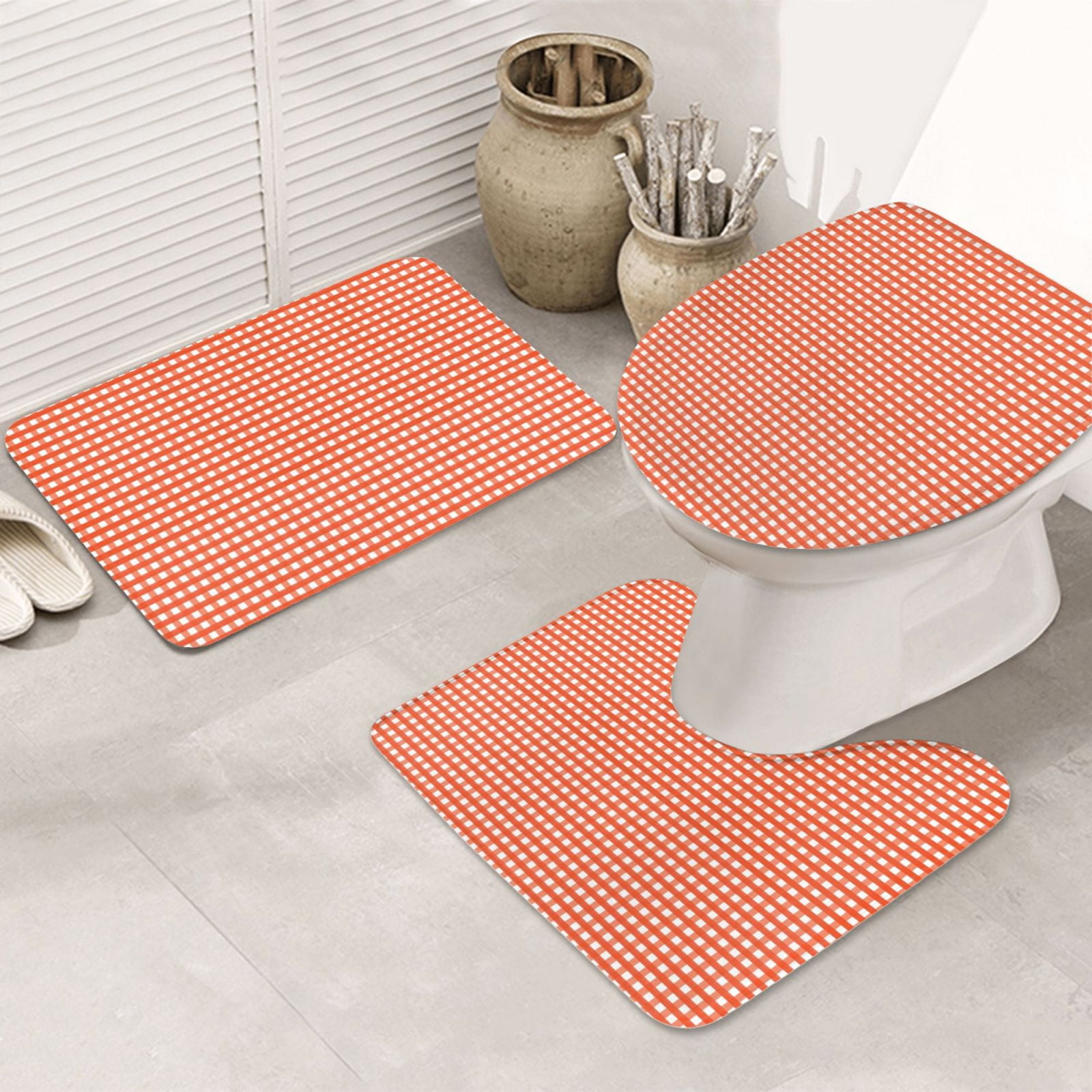 Bathroom Rugs Sets 3 Piece - Orange Gingham Absorbent Non Slip Bath Mats, U-Shape Toilet Lid ...