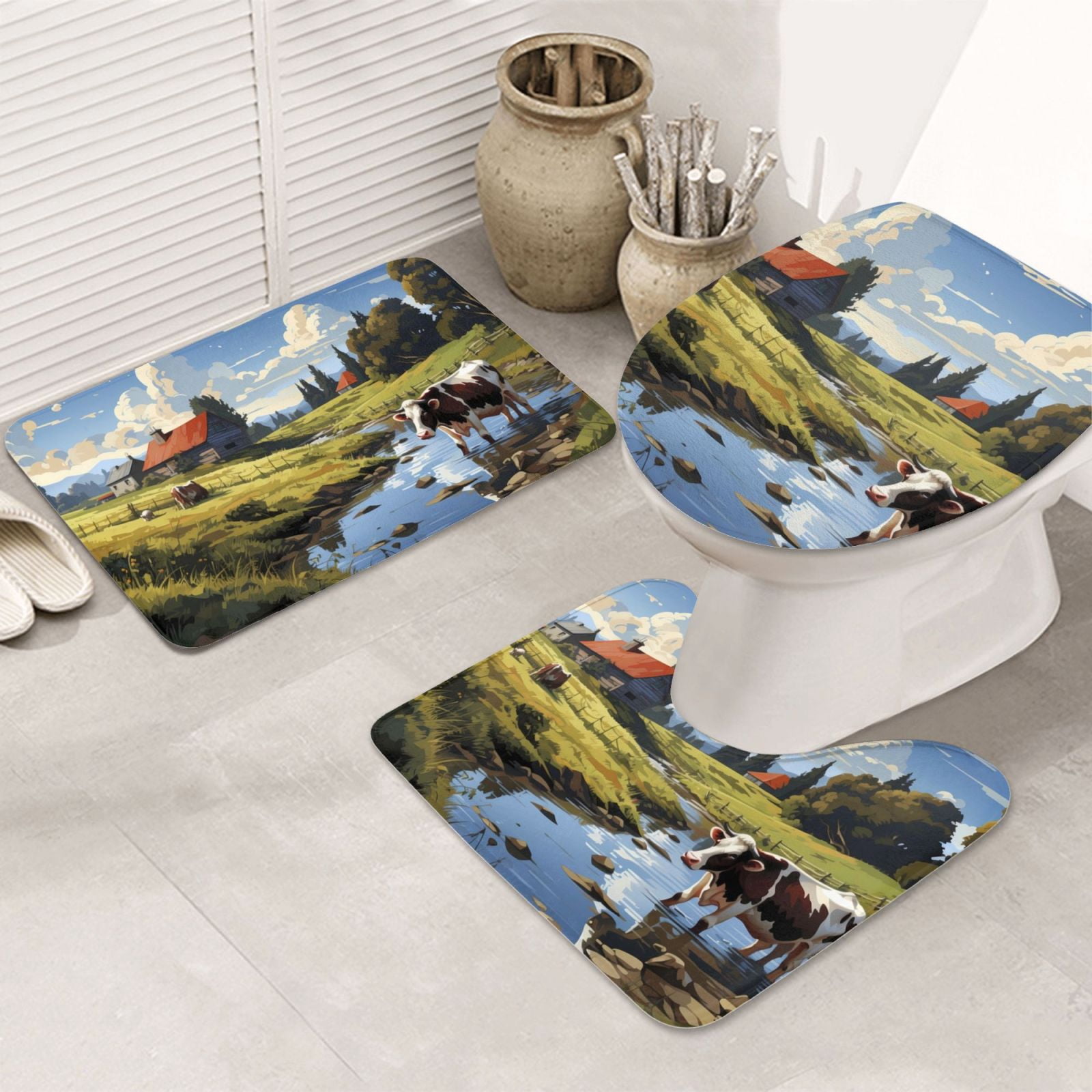 Bathroom Rugs Sets 3 Piece - Pasture Cow A Non Slip Washable Bath Mats ...