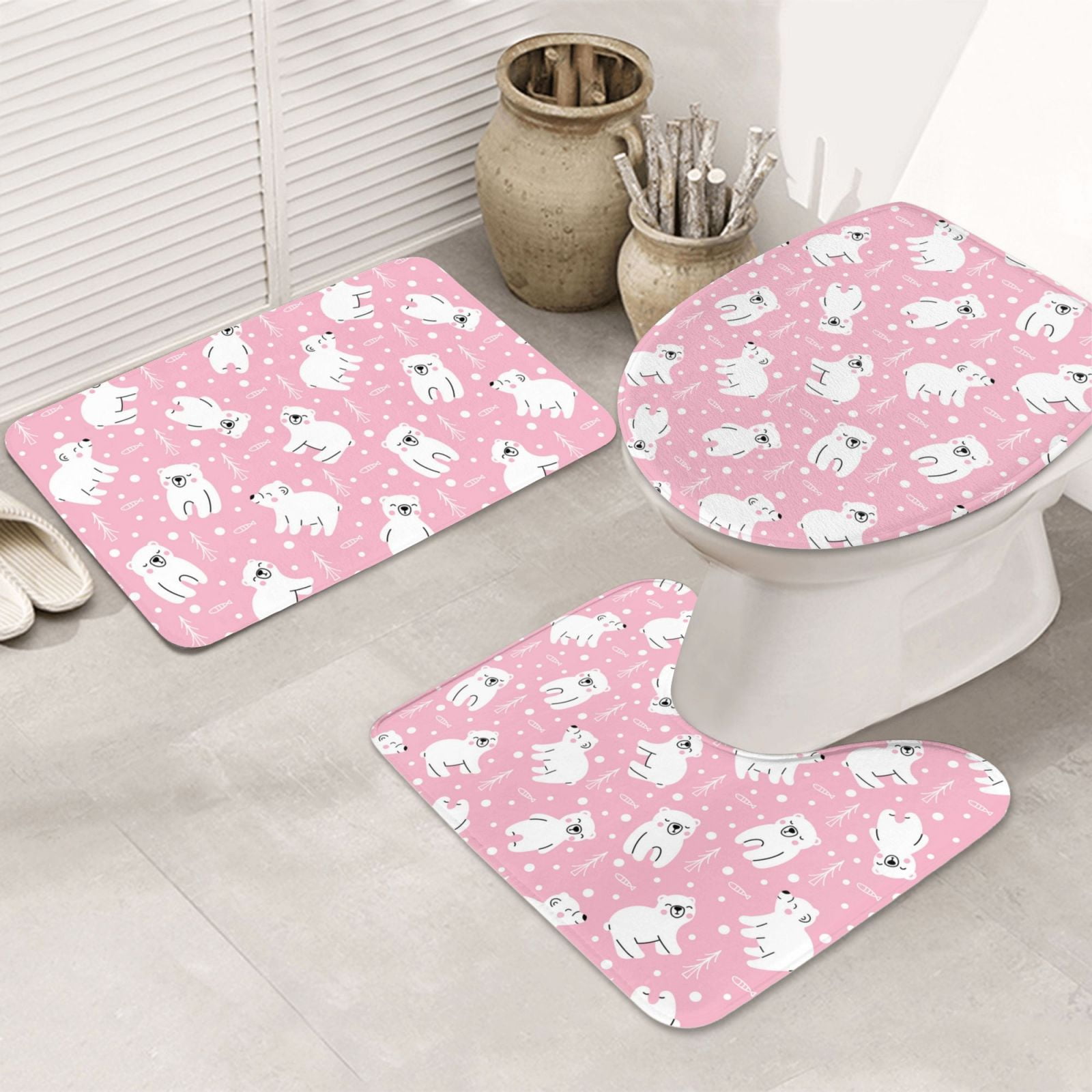 Bathroom Rugs Sets 3 Piece Pink Cartoon Bear Soft Non Slip Bathroom Mat ...