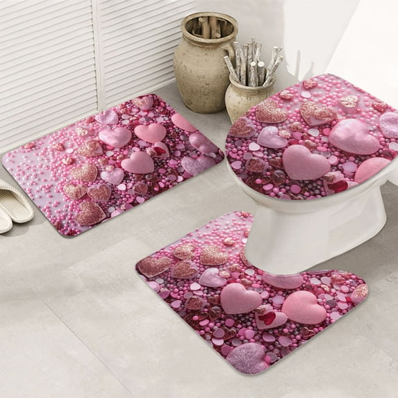 Bathroom Rugs Sets 3 Piece - Pink Glitter Heart Candy Absorbent Non ...