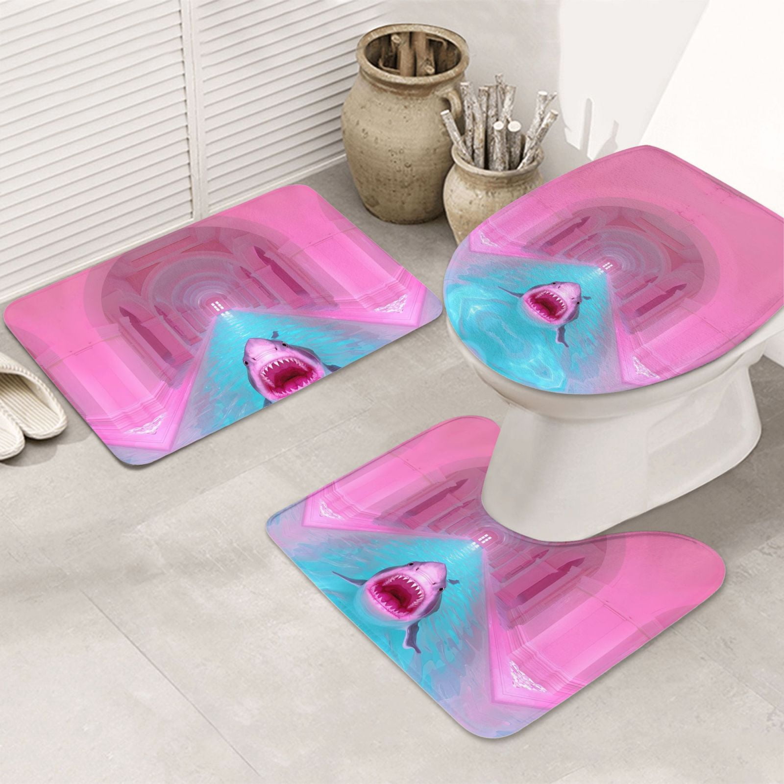 Bathroom Rugs Sets 3 Piece - Pink Shark Pool Fantasy Absorbent Non Slip ...