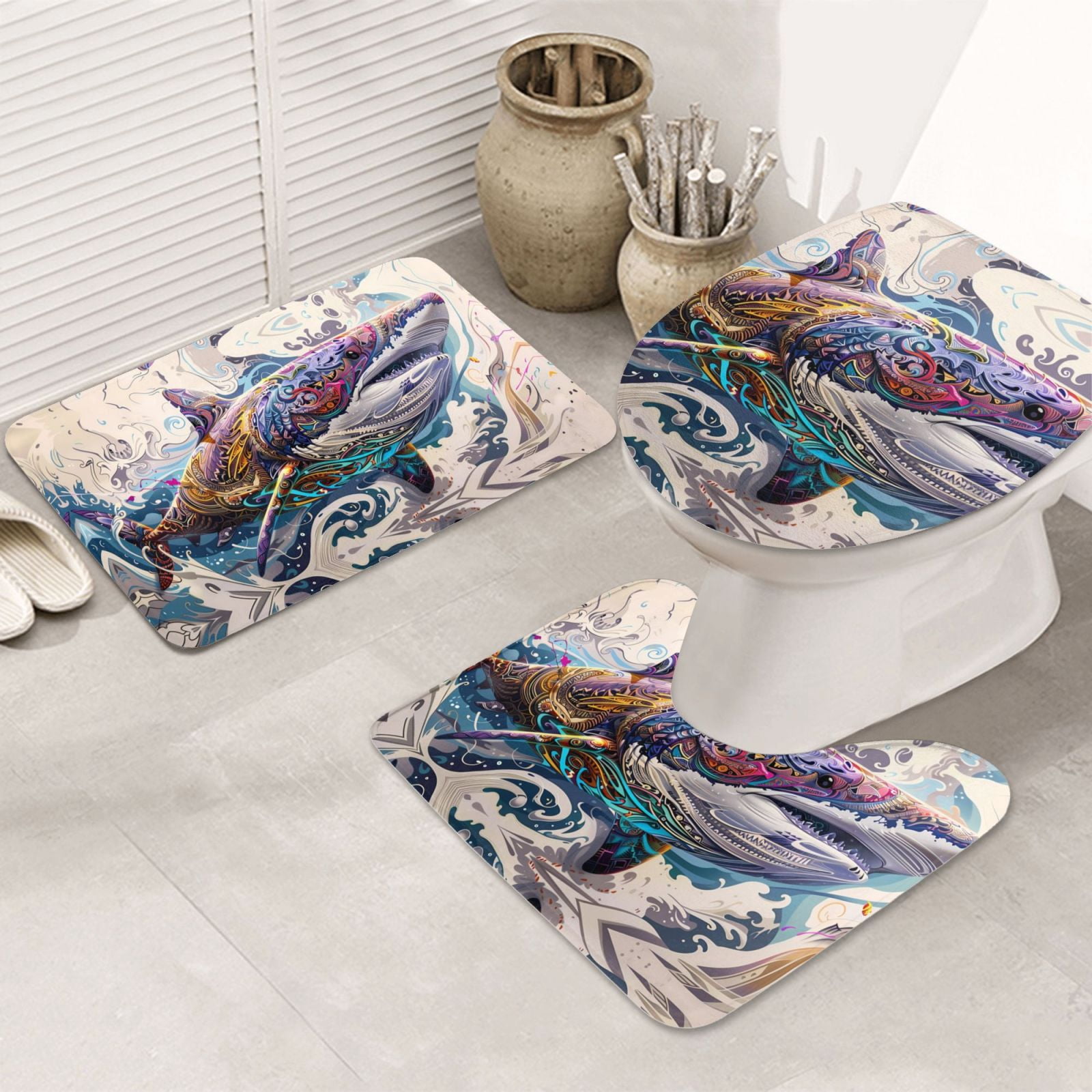 Bathroom Rugs Sets 3 Piece - Psychedelic Shark Artwork Absorbent Non ...