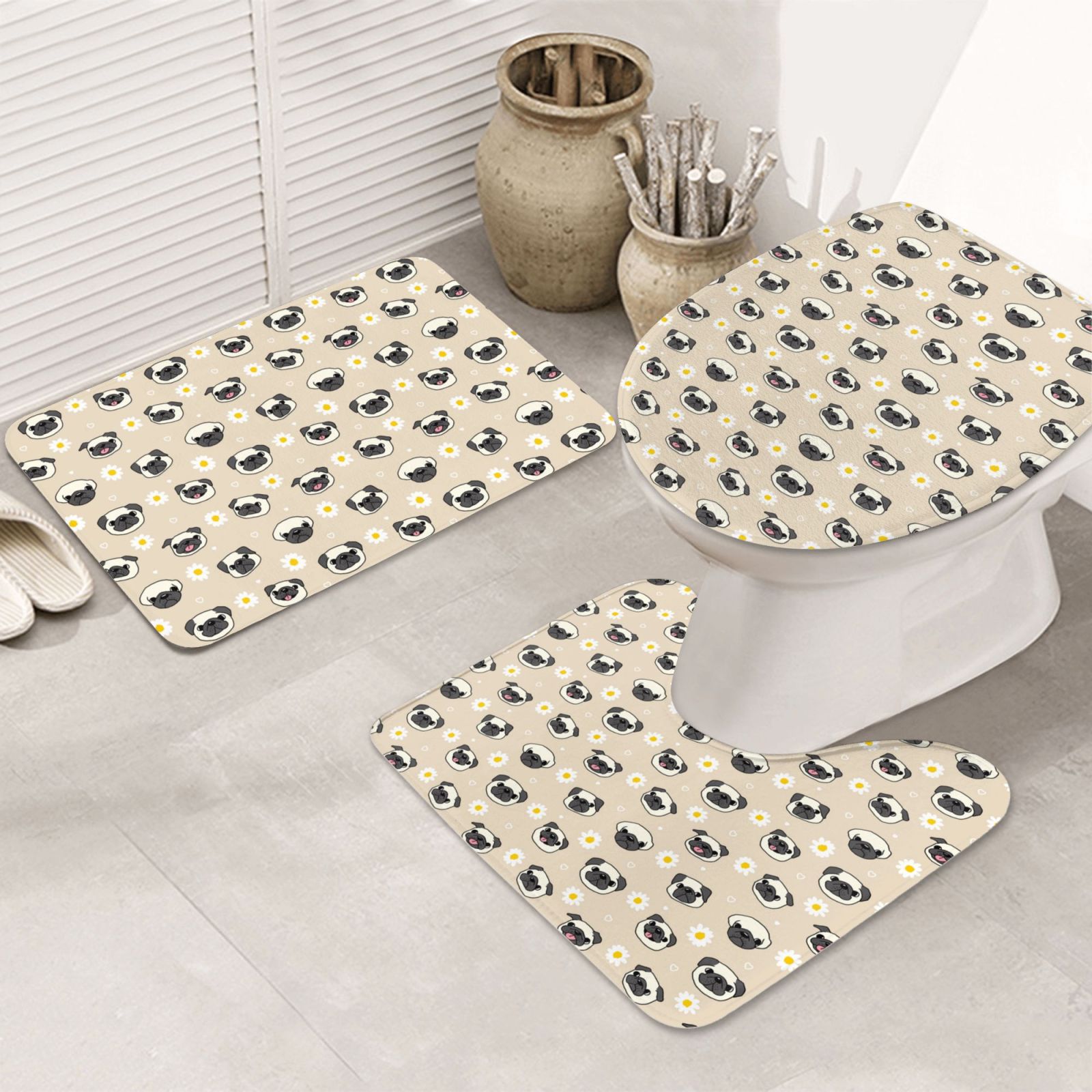 Bathroom Rugs Sets 3 Piece - Pug Dog Face Absorbent Non Slip Bath Mats ...
