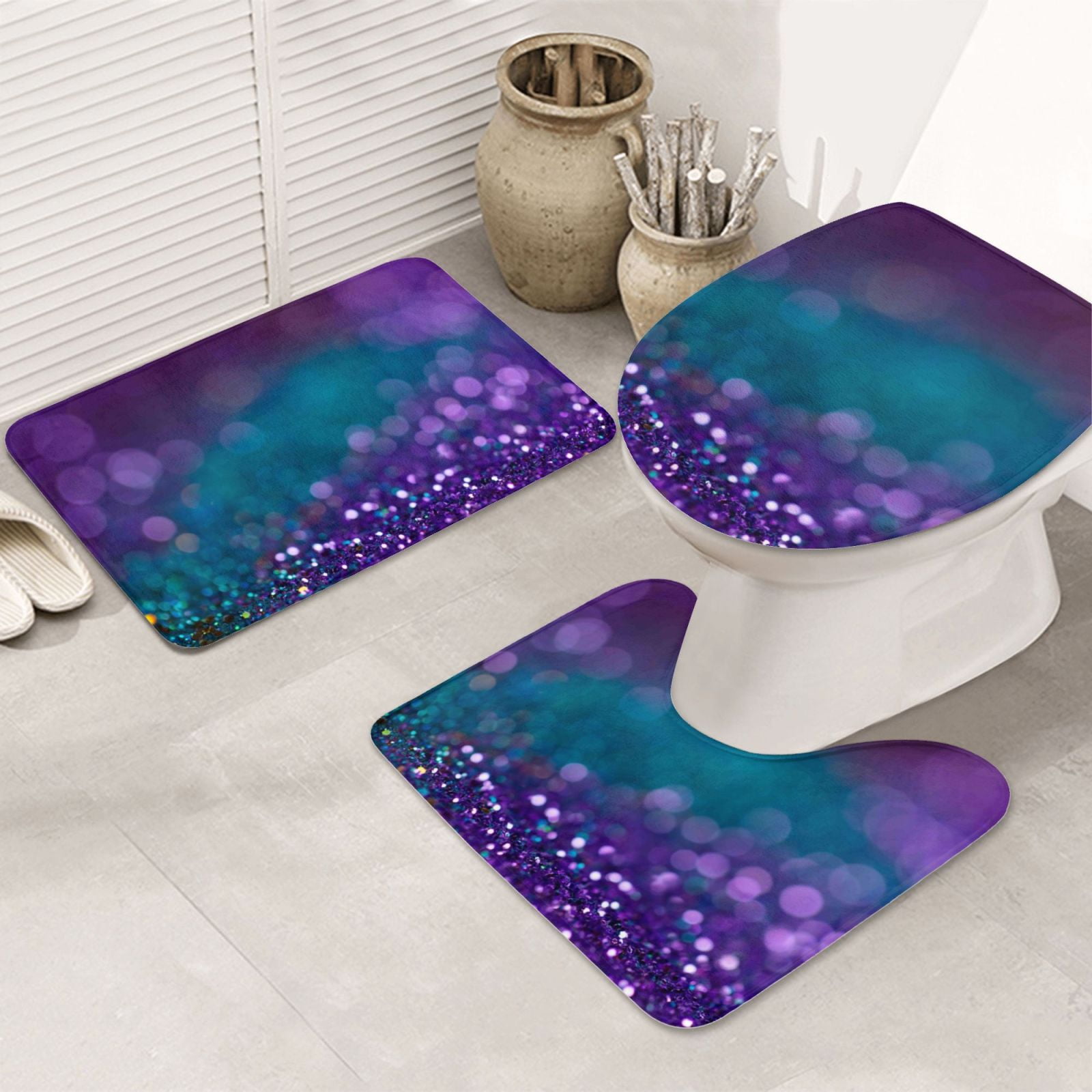 Bathroom Rugs Sets 3 Piece - Purple and Green Glitter Absorbent Non Slip Bath Mats, U-Shape ...