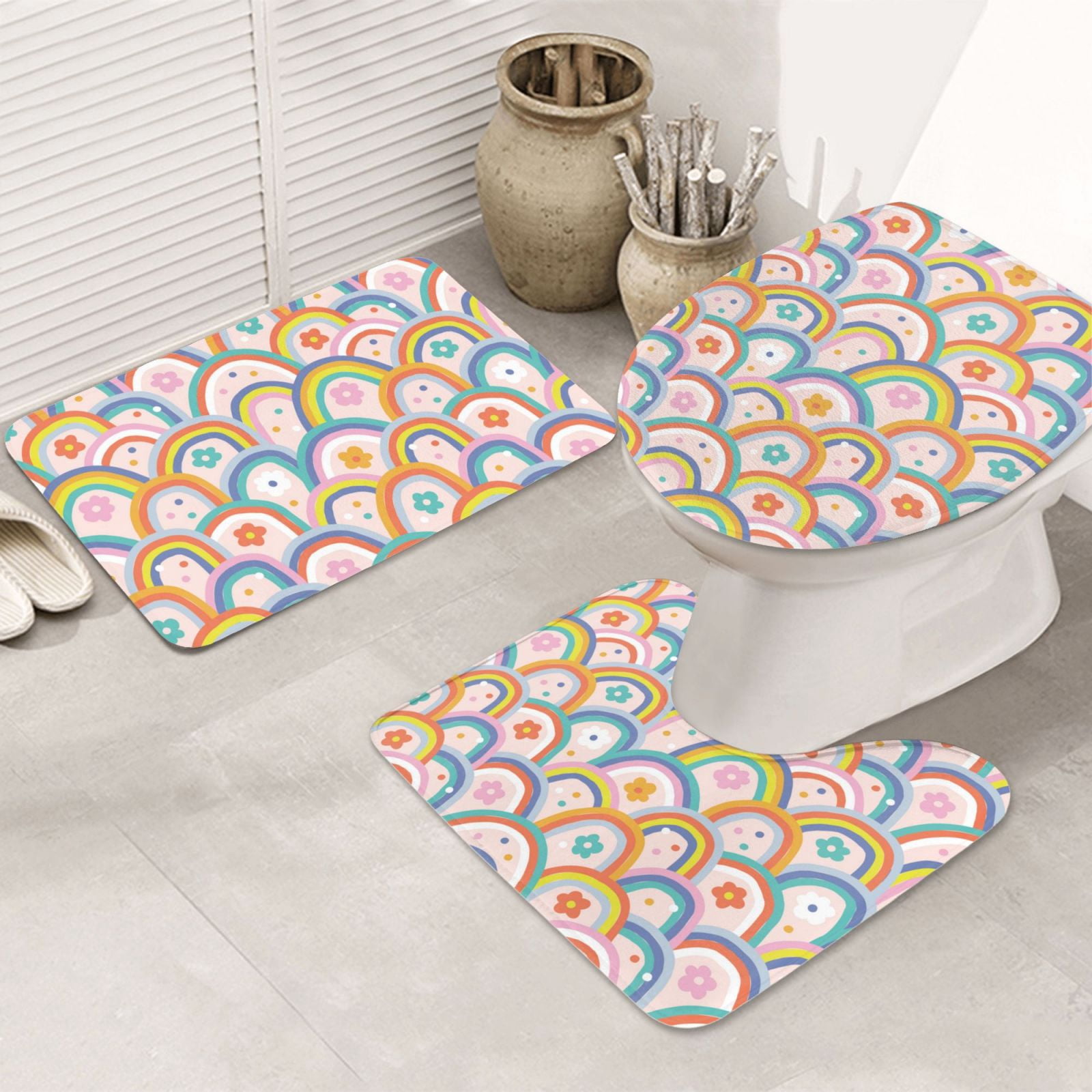 Bathroom Rugs Sets 3 Piece - Rainbow flowers A Absorbent Non Slip Bath ...