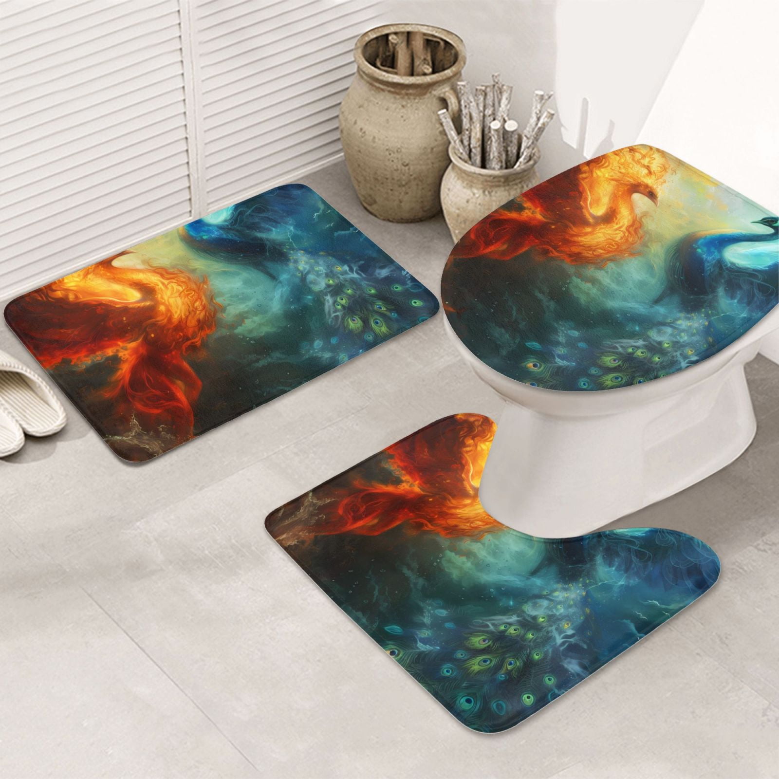 Bathroom Rugs Sets 3 Piece - Red and Blue Fire Peacock Non Slip ...