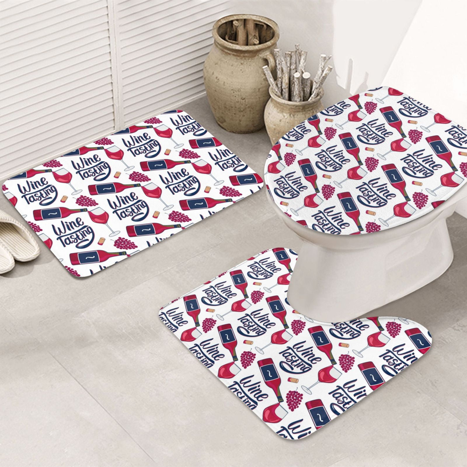 Bathroom Rugs Sets 3 Piece - Red Wine Glass Bottle Absorbent Non Slip ...