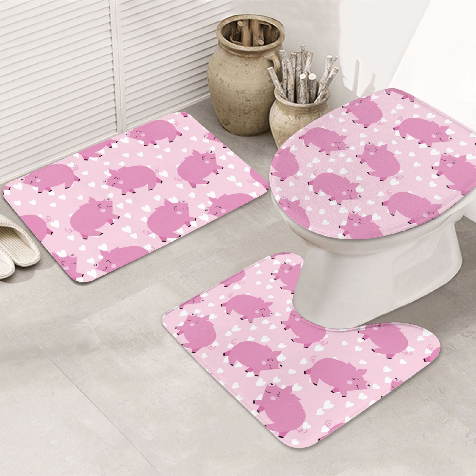 Bathroom Rugs Sets 3 Piece - Rose Pink Cute Pig Love Absorbent Non Slip ...
