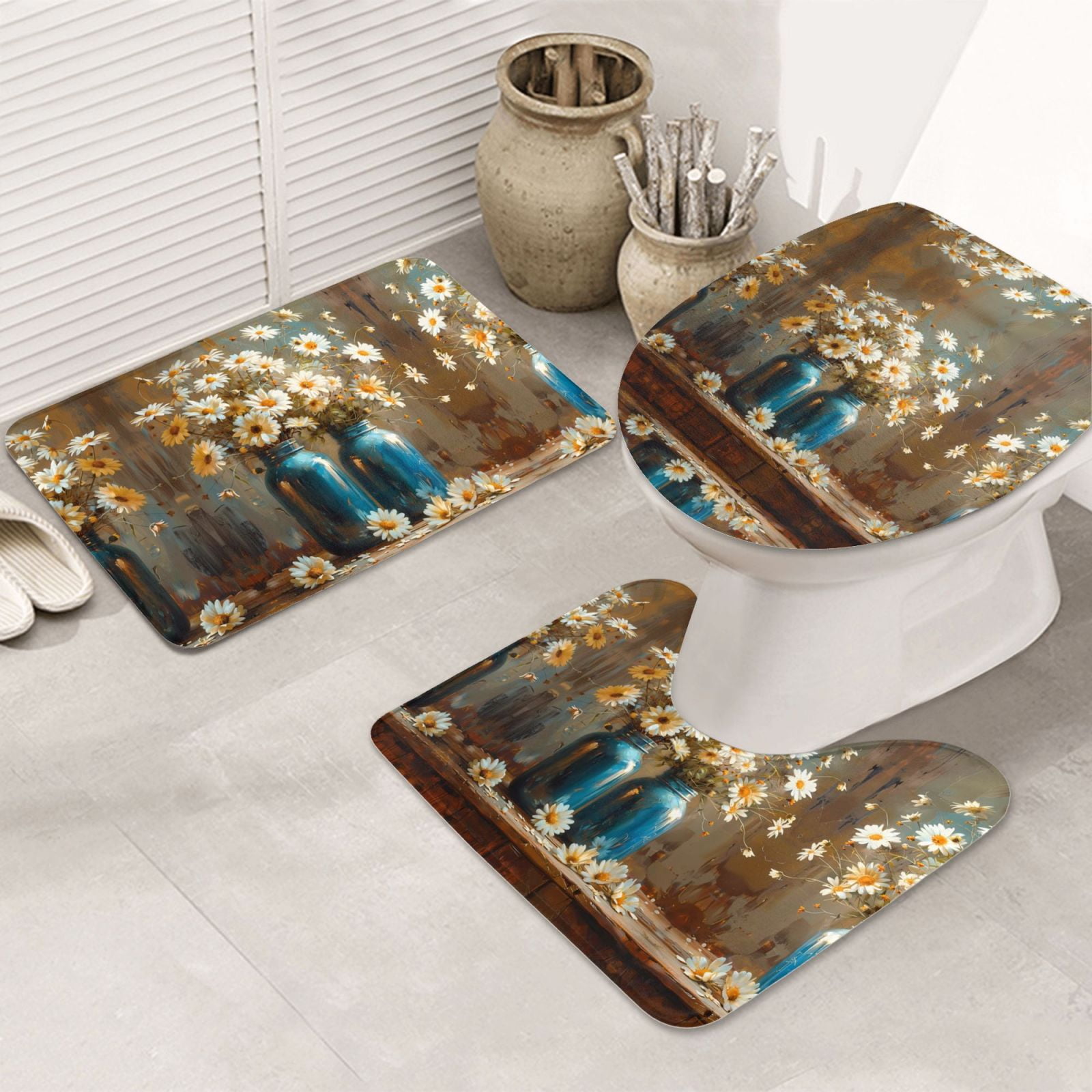 Bathroom Rugs Sets 3 Piece Rustic Daisy Mason Jars Soft Non Slip ...