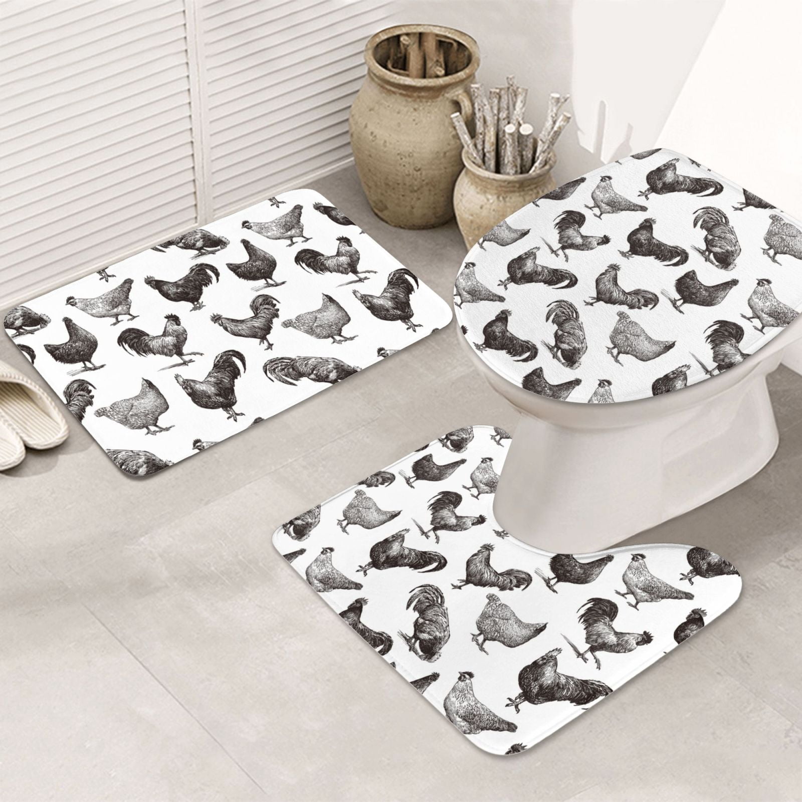 Bathroom Rugs Sets 3 Piece - Sketch Chicken Black White Absorbent Non ...