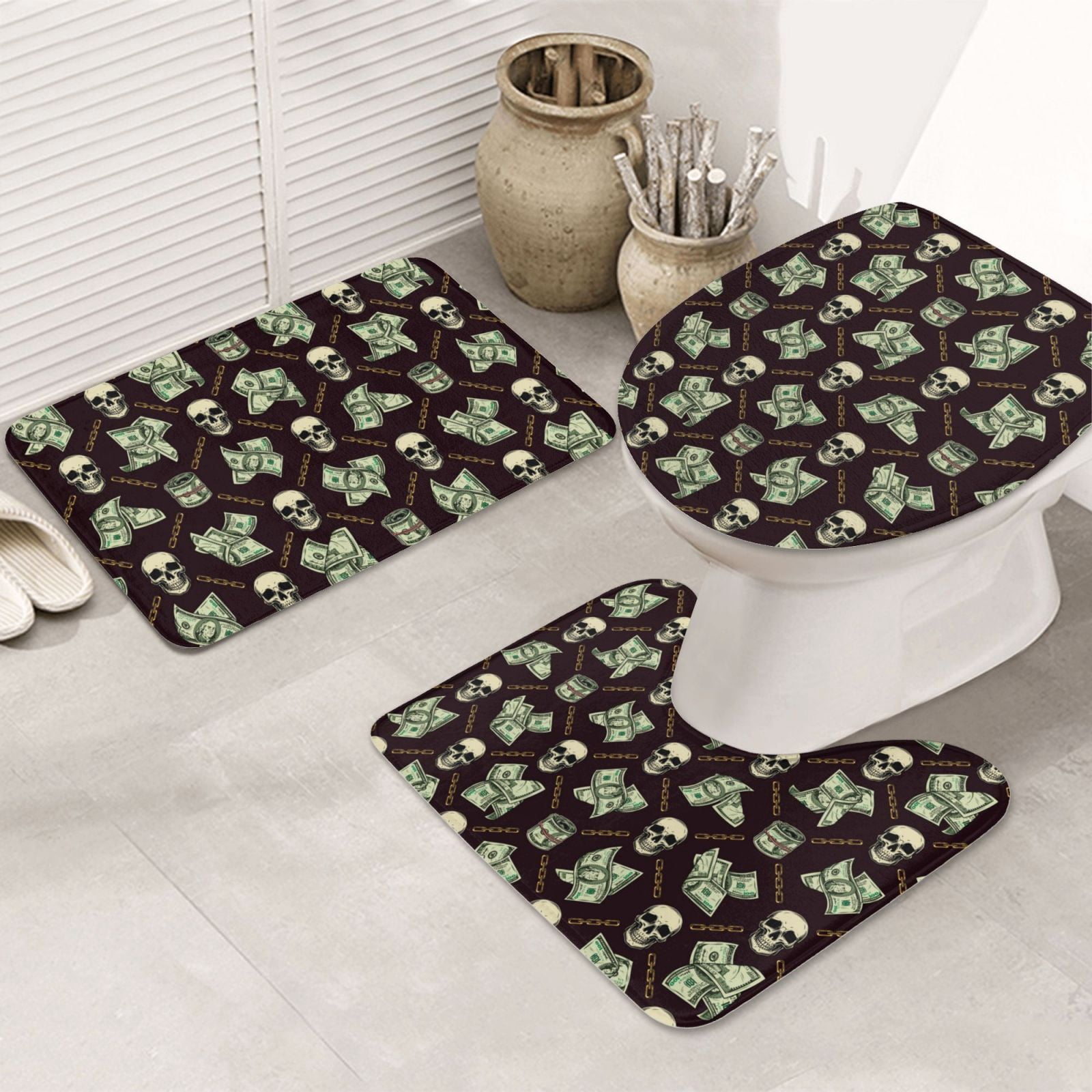 Bathroom Rugs Sets 3 Piece - Skulls Gold Chains Dollar Absorbent Non ...