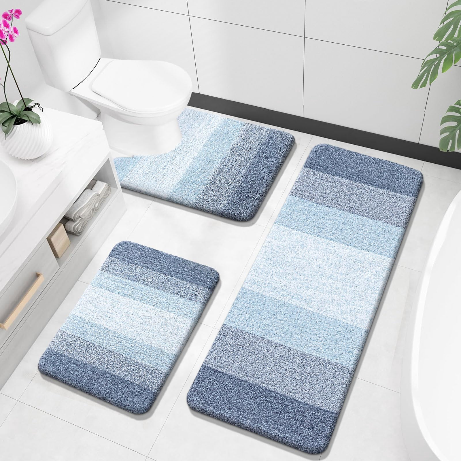 Bathroom Rugs Sets 3 Piece Soft Absorbentfiber Bath Mats And U-shaped ...