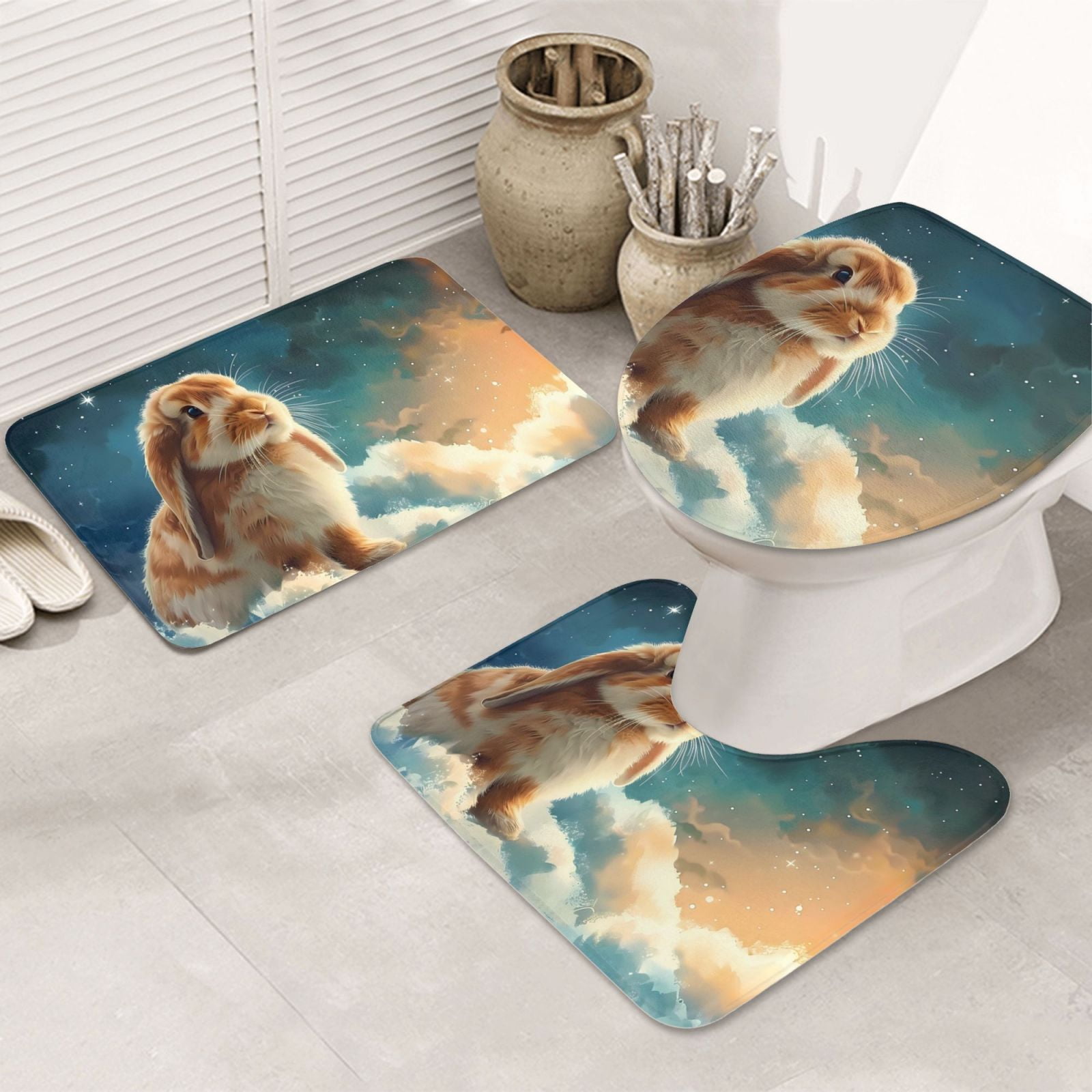 Bathroom Rugs Sets 3 Piece - Starry Sky Cloud Cute Rabbit Absorbent Non ...
